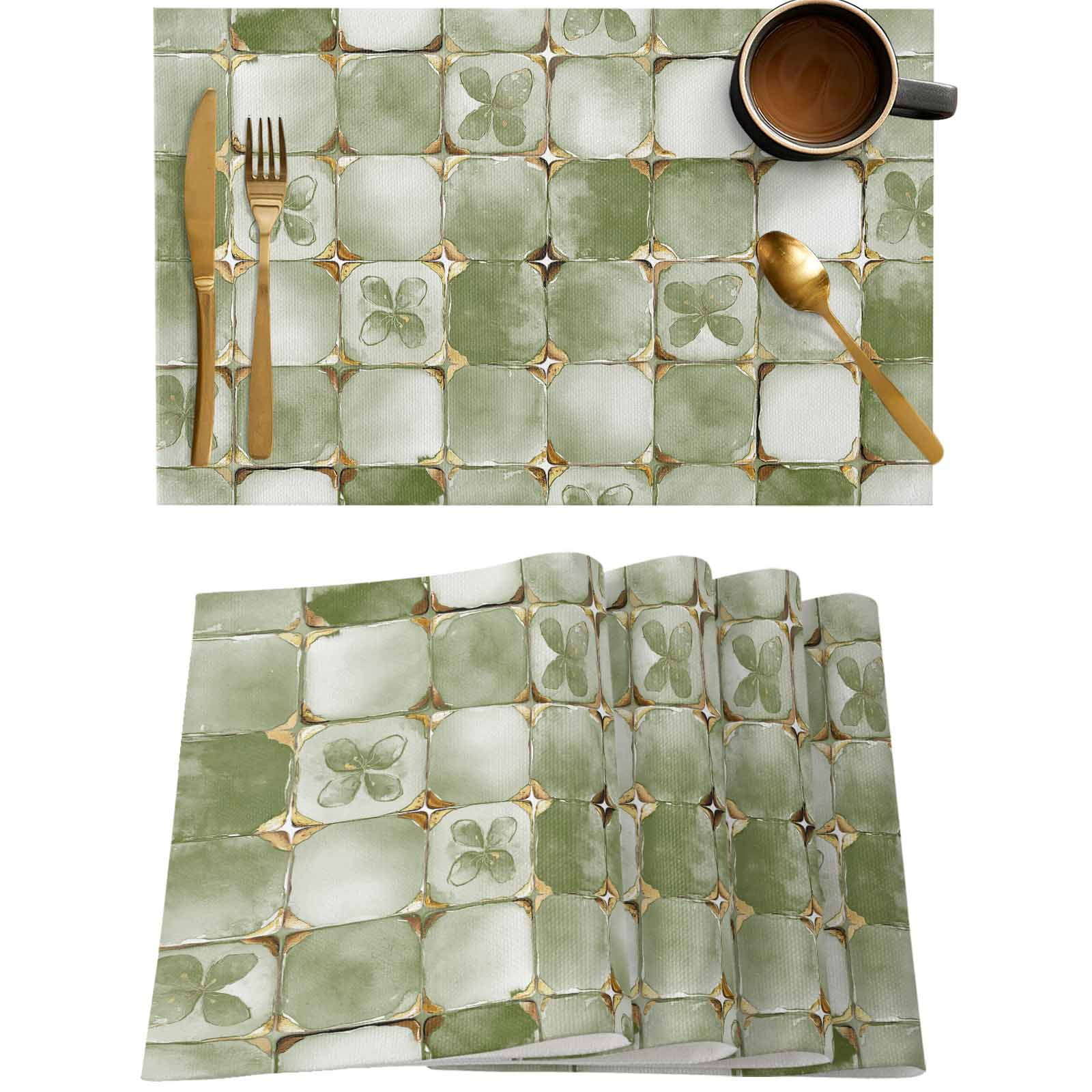 Green Buffalo Plaid Clover Leaves Placemats Set of 4,Wipeable Washable ...