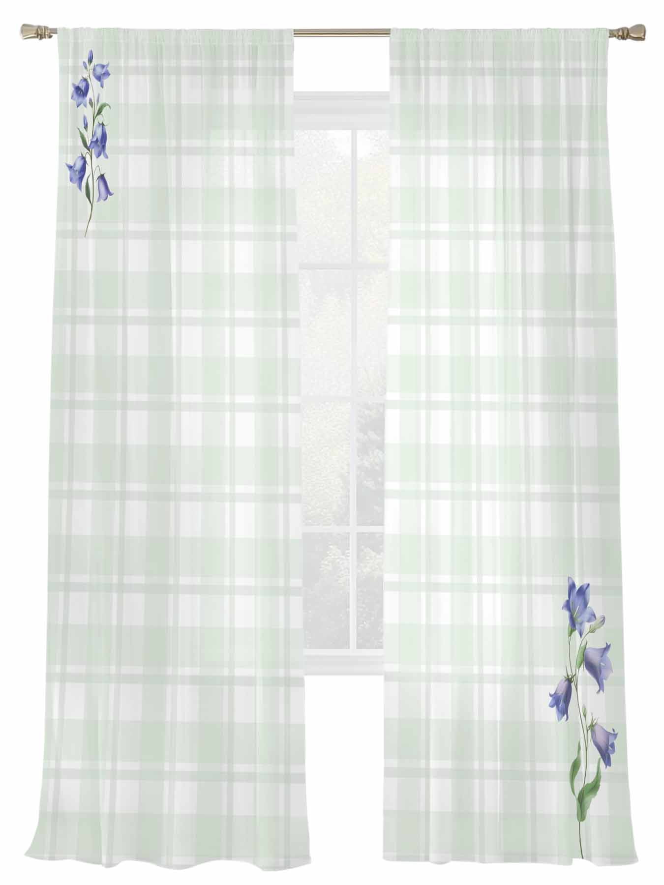 Green Buffalo Plaid Sheer Curtains 2 Panels Set Watercolor Bellow Grass ...