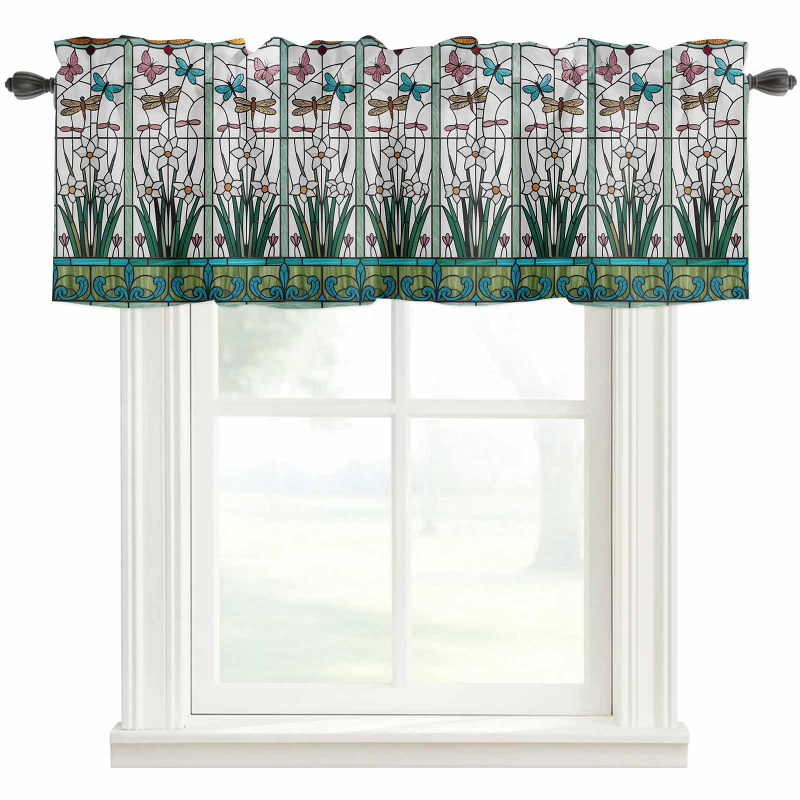 Green Butterfly Flower Rod Pocket Curtain Valance, Stained Glass ...
