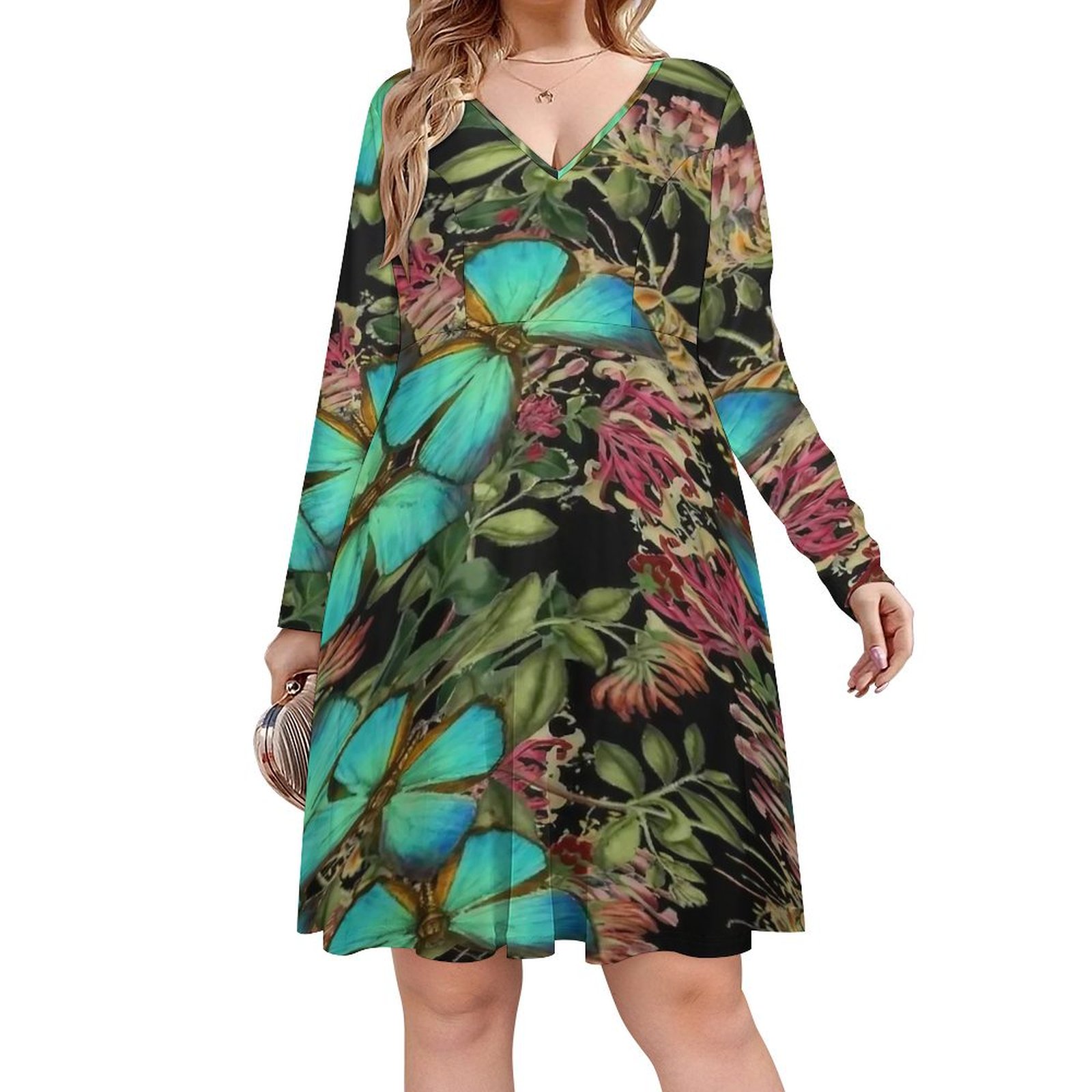 Green Butterfly Long Sleeve Sexy Dresses For Women Ladies Vintage Elegant Party Dress Oversized ...