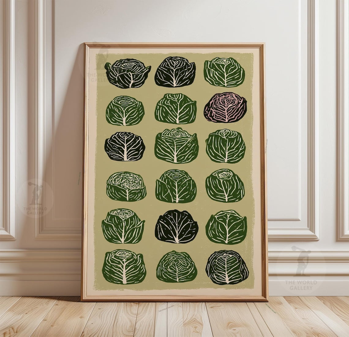 Green Cabbage Grid Pattern Linocut Style Botanical Kitchen Poster ...