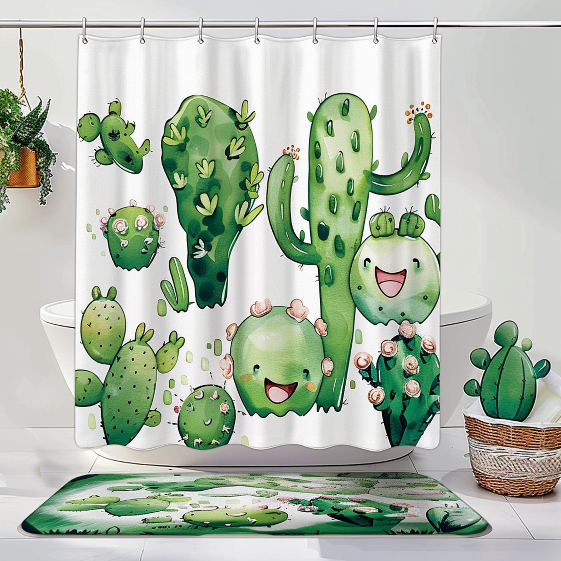 Green Cactus Bathroom Set Raincoat Curtains Watercolor Style With Cute
