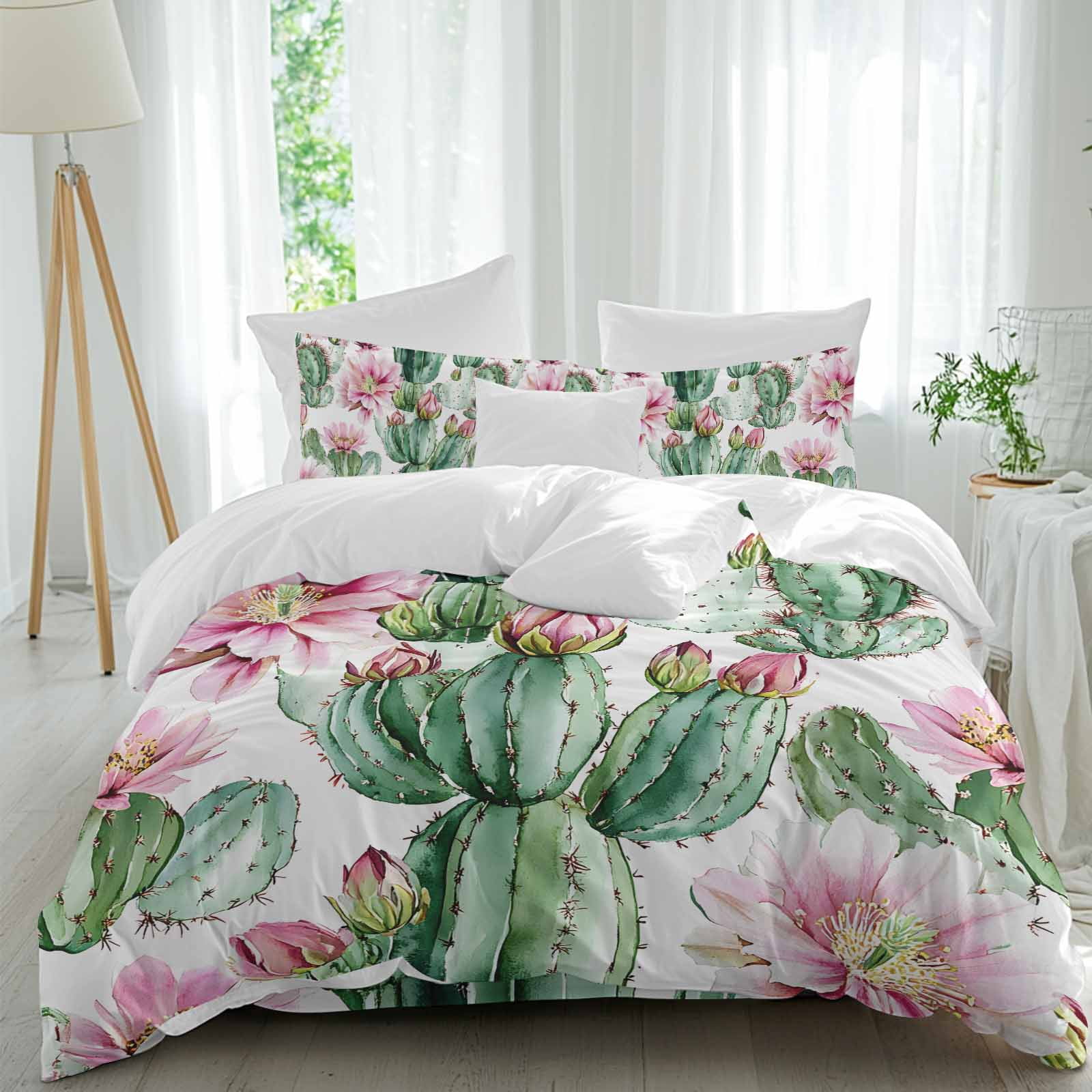 Green Cactus Duvet Cover Set King Size, Succulent Pink Floral ...