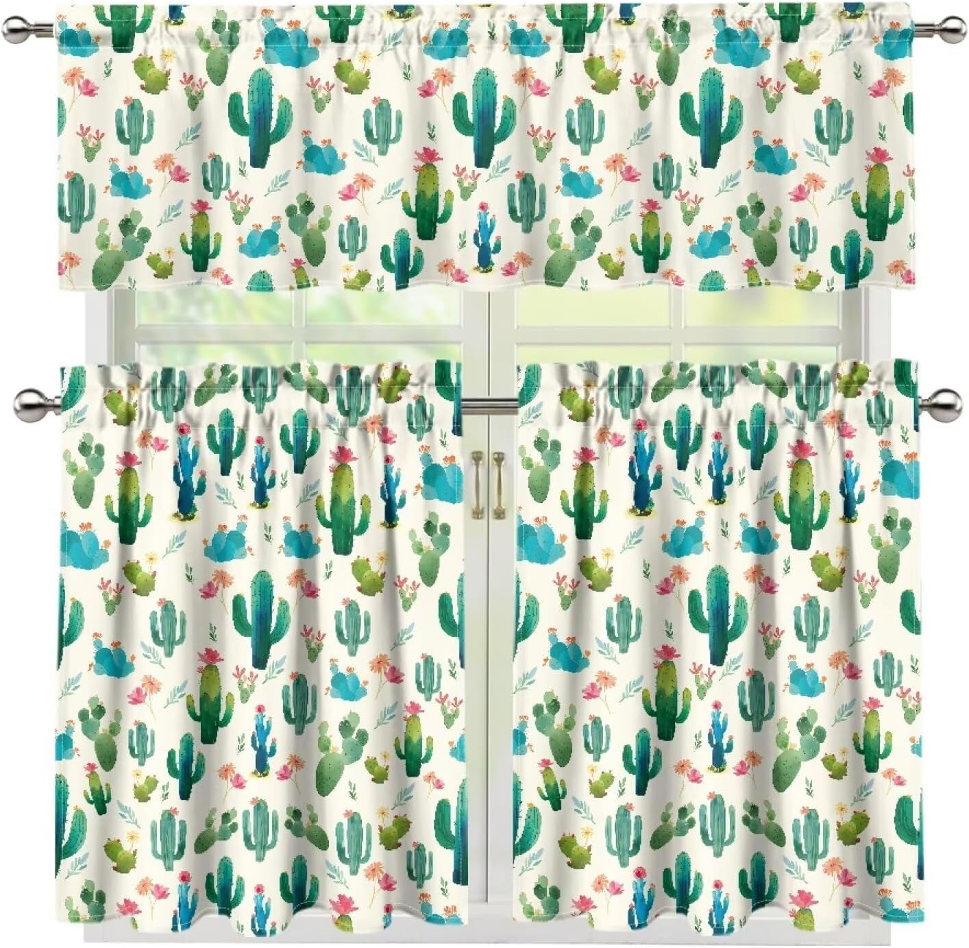 Green Cactus Kitchen Curtains Set 3 Piece for Windows Curtains Valance ...