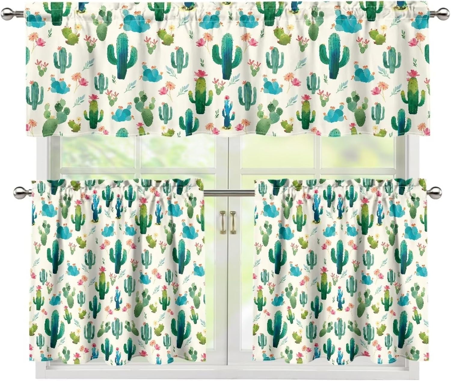 Green Cactus Kitchen Curtains Set 3 Piece for Windows Curtains Valance ...