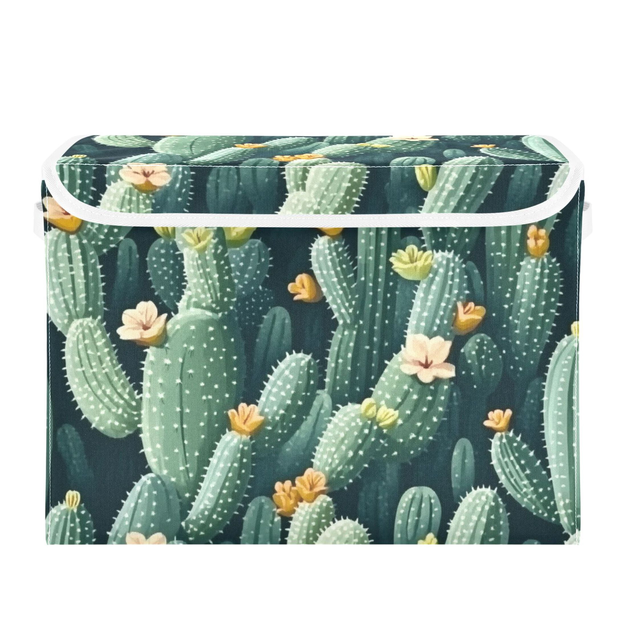 Green Cactus Large Storage Bins with Linen Collapsible Lid Storage Box ...