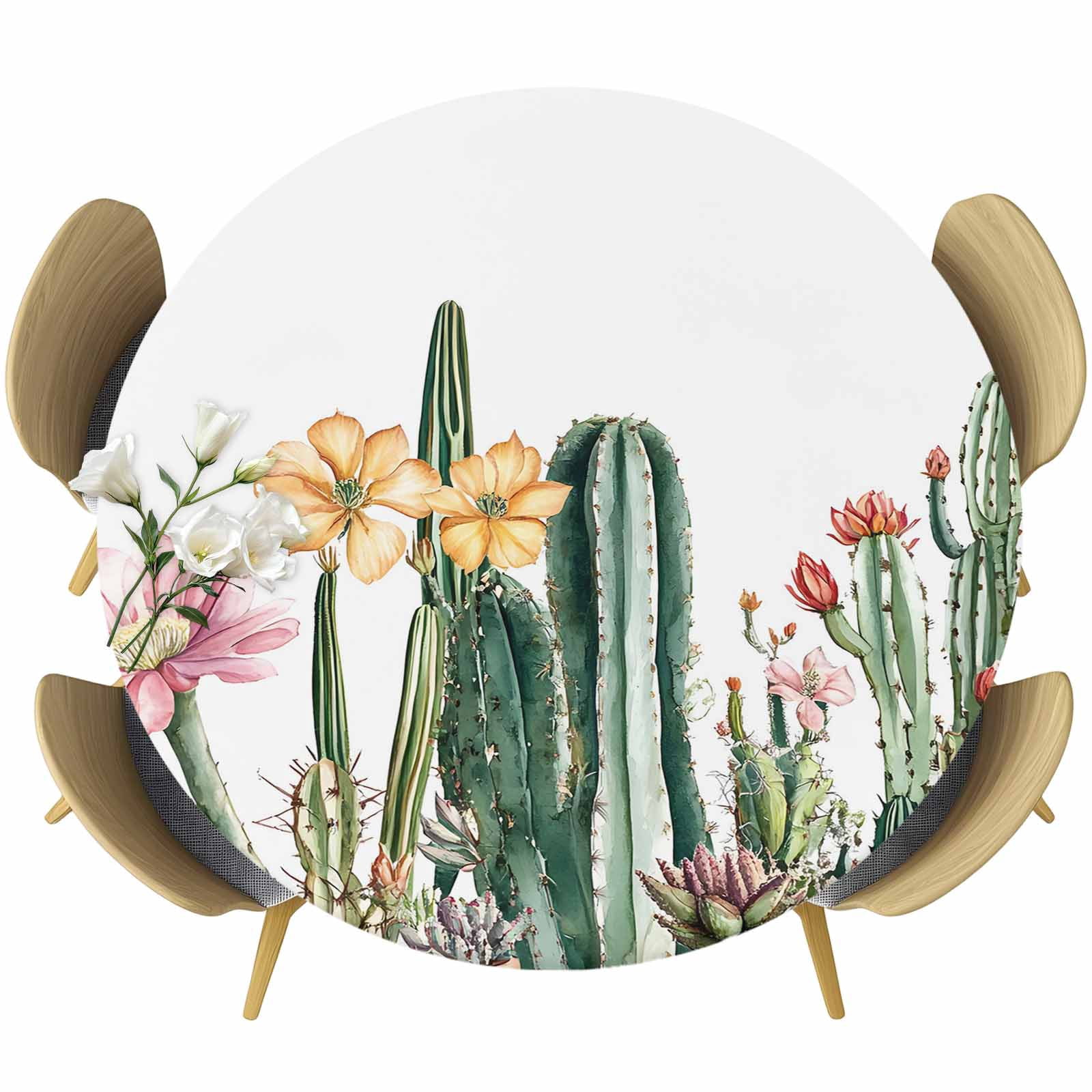 Green Cactus Round Tablecloth, Fitted Table Cover with Elastic for 45 ...