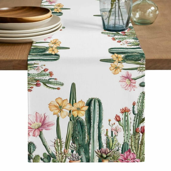 Green Cactus Table Runner, Spring Floral Watercolor Botanical Washable ...
