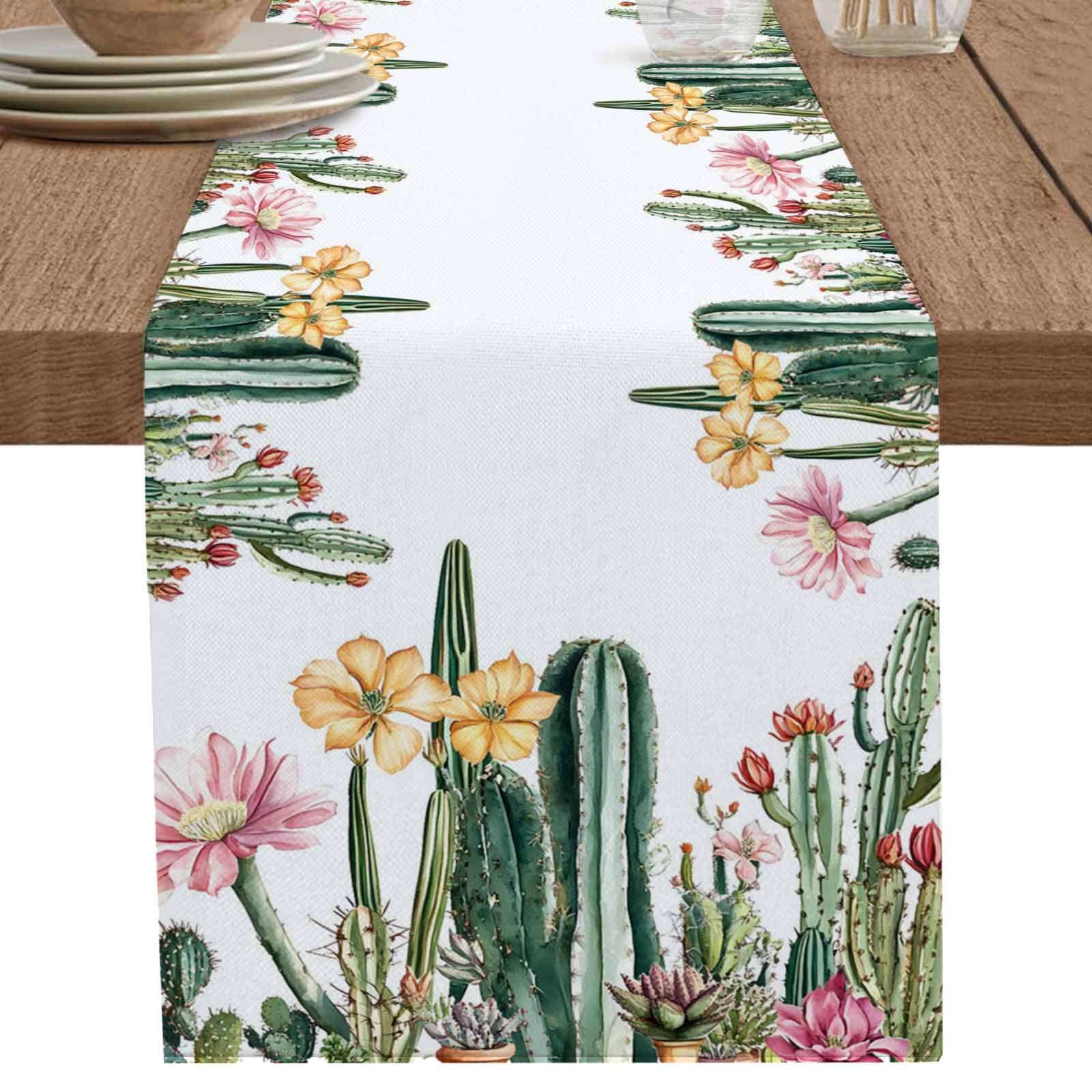 Green Cactus Watercolor Flower Table Runner-36 Inch Long Pastoral ...