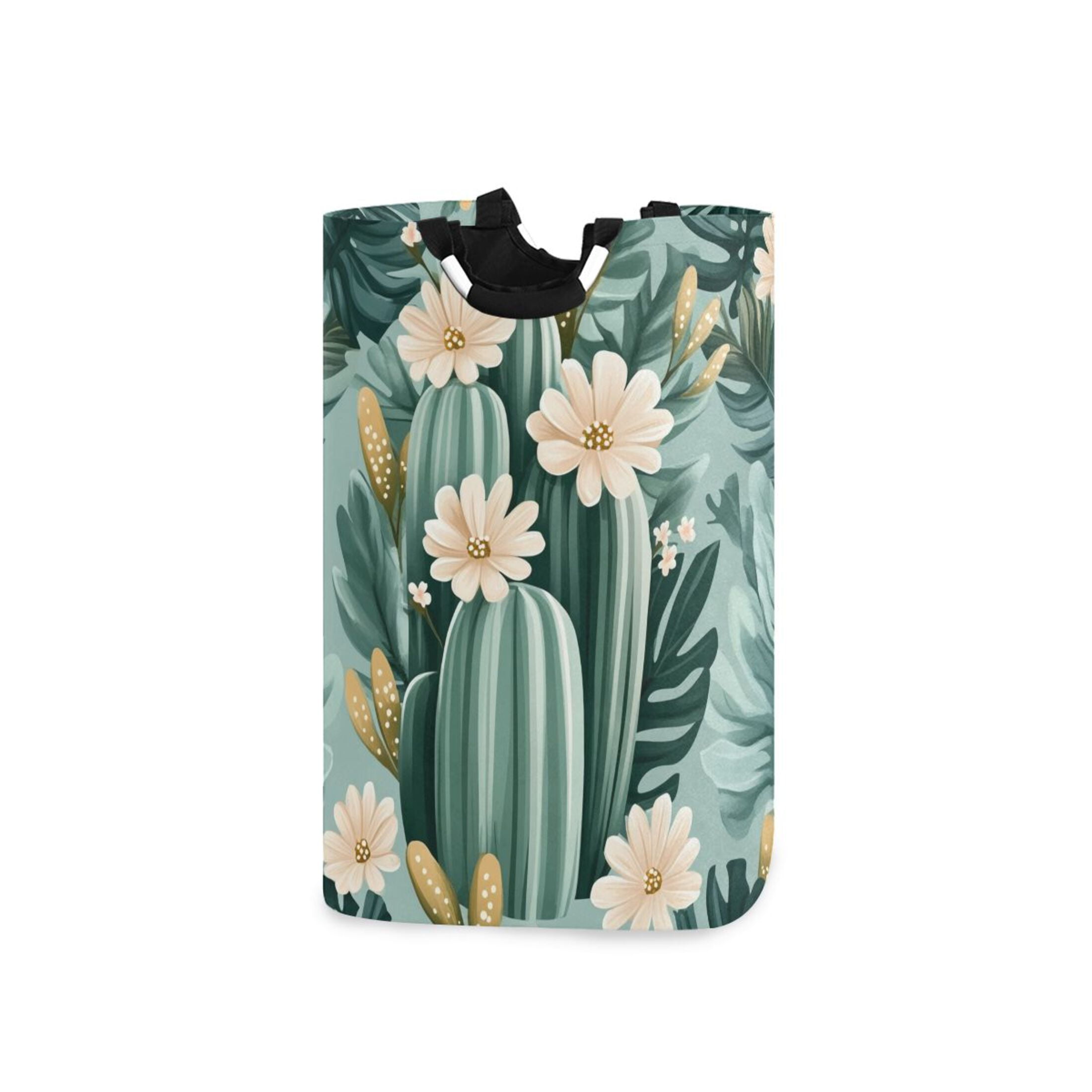 Green Cactus and Flowers Laundry Basket with Handles 50L Collapsible ...
