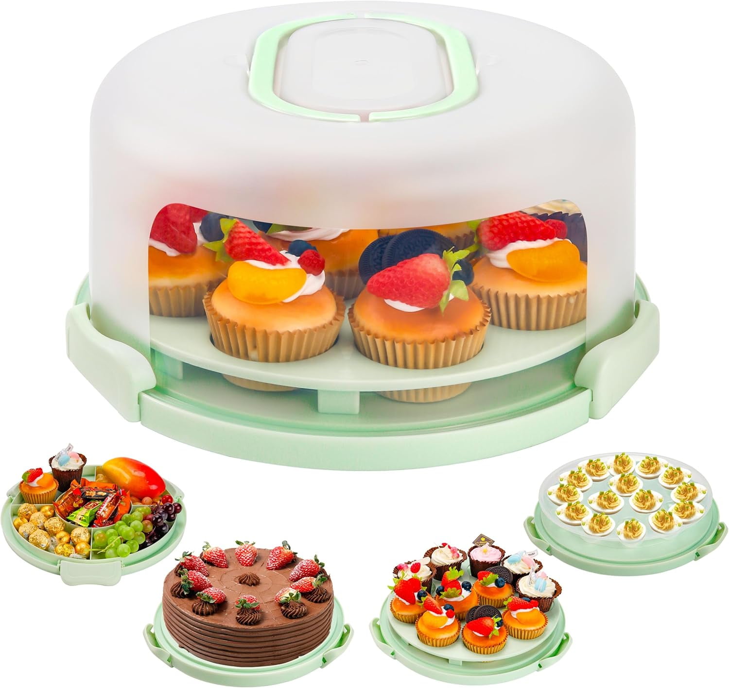 Green Cake Containers with Lids Round Plastic Cupcake Holders 4-in-1 ...