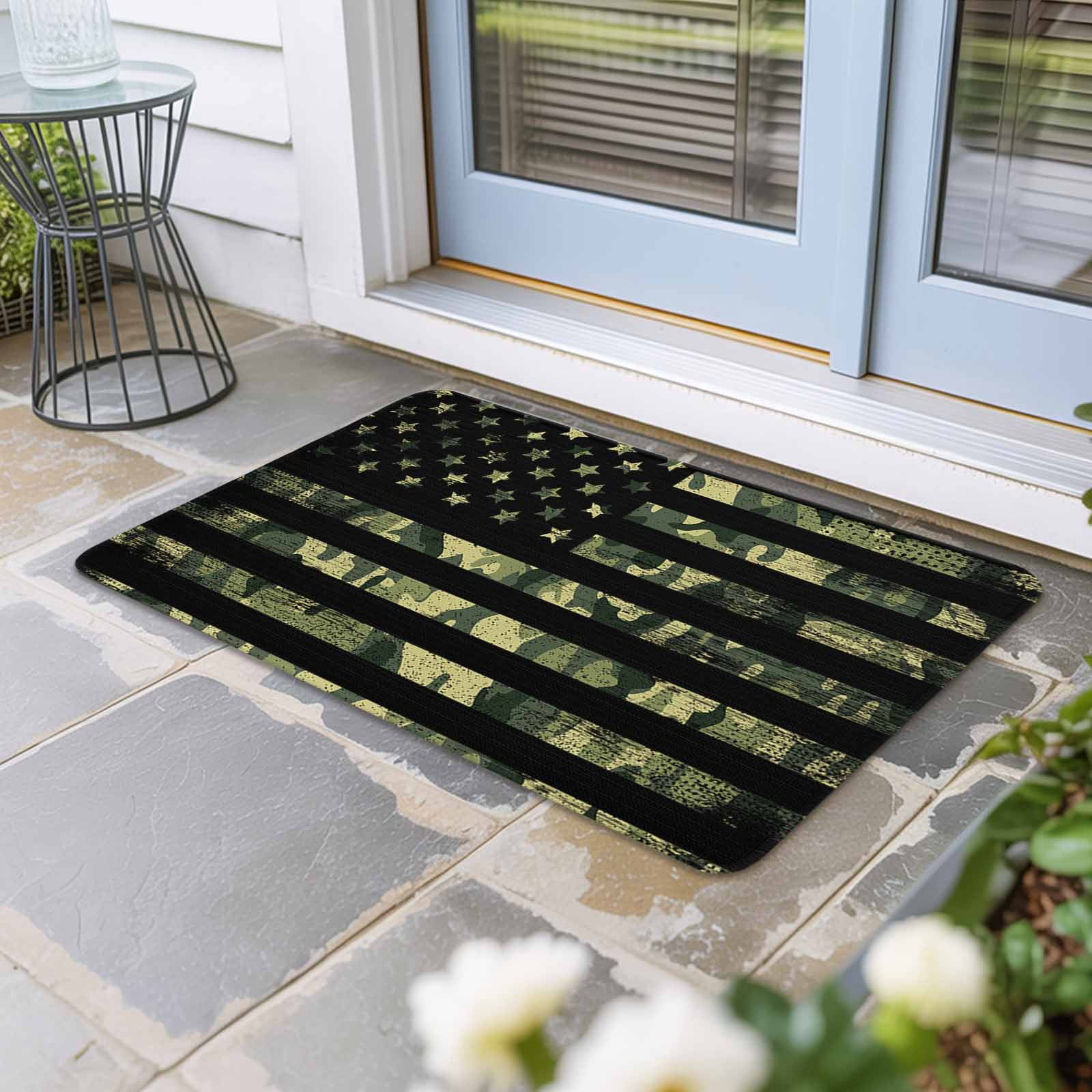 Green Camouflage American Flag Door Mat Indoor Outdoor, Wooden Grain ...