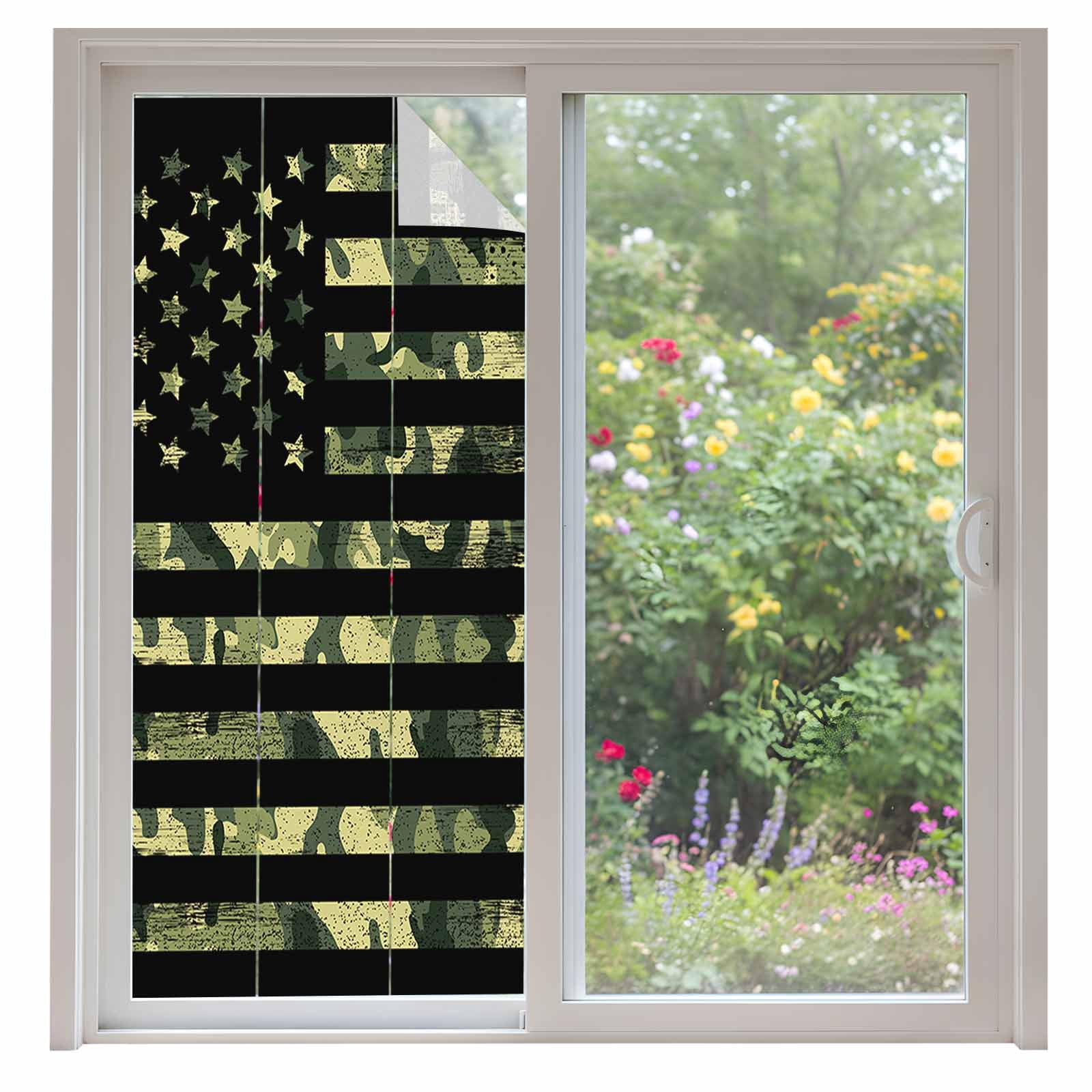 Green Camouflage American Flag Window Privacy Film, Wooden Grain Static ...