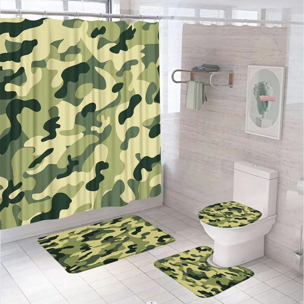 Green Camouflage Bathroom Curtains Classic Camo Waterproof Shower