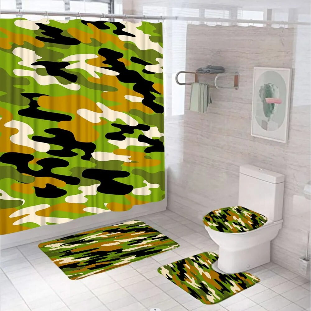 Green Camouflage Bathroom Curtains Classic Camo Waterproof Shower