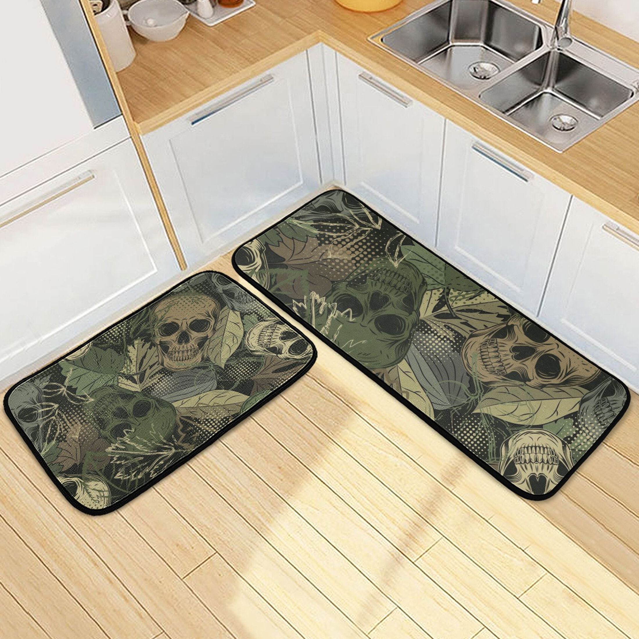 Green Camouflage Skulls Leaves Kitchen Rugs Set of 2 Non Slip Floor ...
