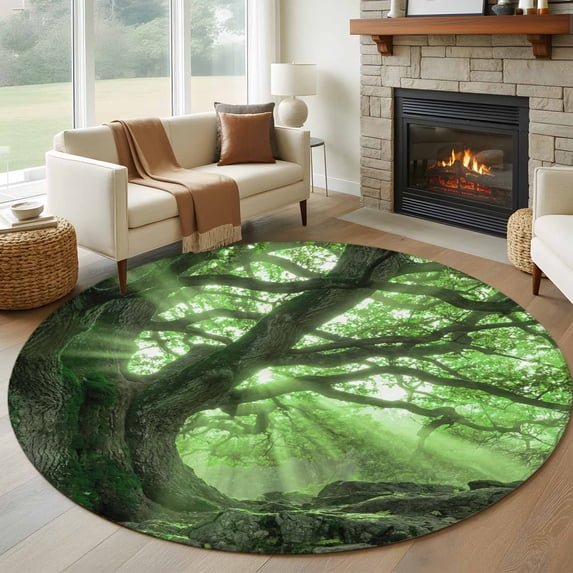 Green Canopy Washable Round Area Rug 8 ft, Country Rustic Forest Tree ...