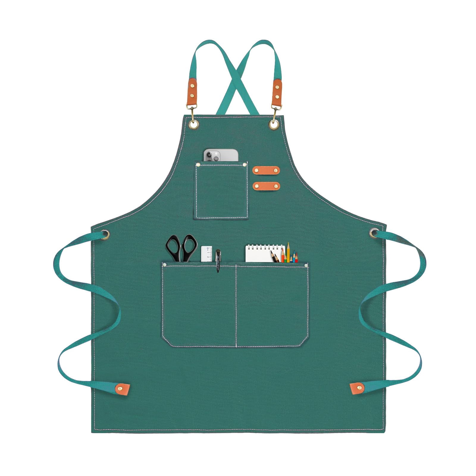 Green Canvas Cooking Apron with 3 Pockets, Adjustable Cross-Back Design ...