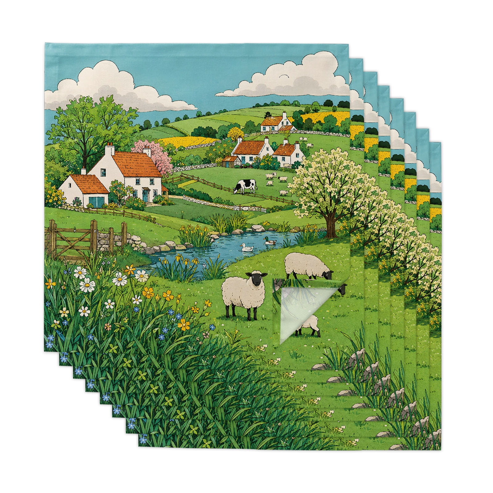 Green Cartoon Town Cloth Napkins, Farmhouse Sheep Countryside Washable ...