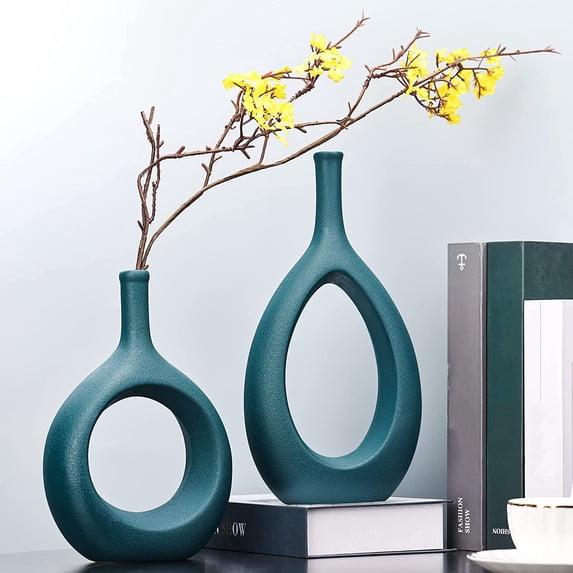 Green Ceramic Hollow Elliptical Vase Set of 2 - Boho Circle Vase with ...