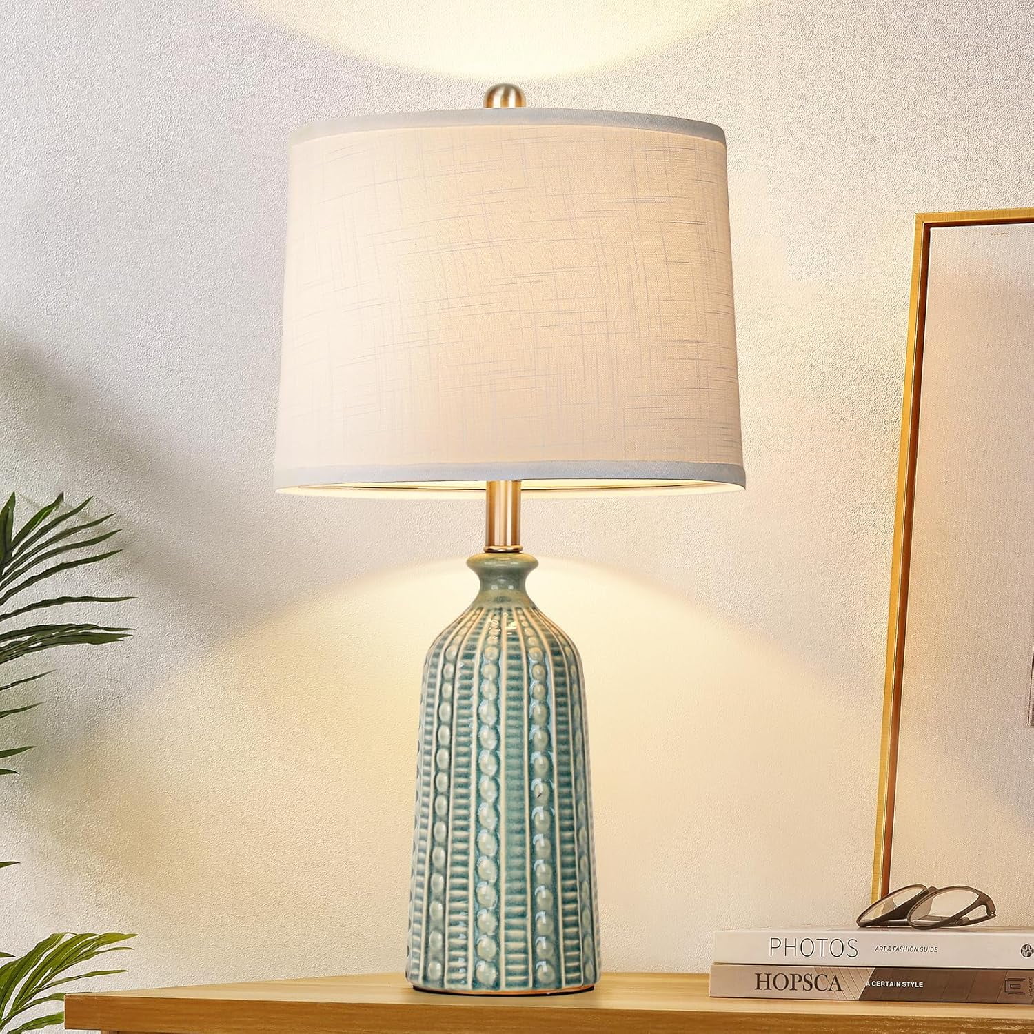 Green Ceramic Table Lamp 24.5": 3-Way Dimmable Nightstand Lamp with ...