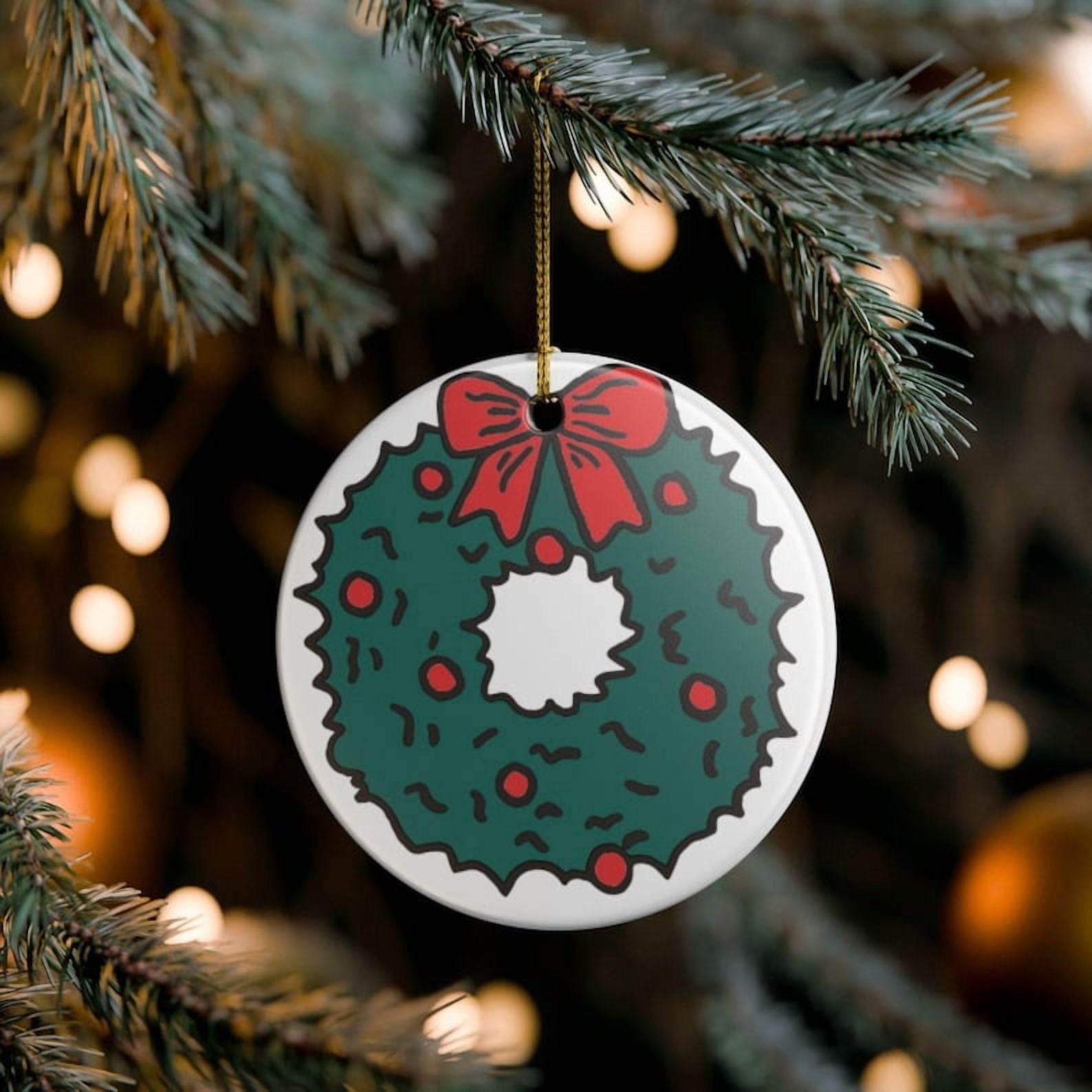 Green Character Wreath Red Bow Ornament – Ceramic Holiday Cartoon Style ...