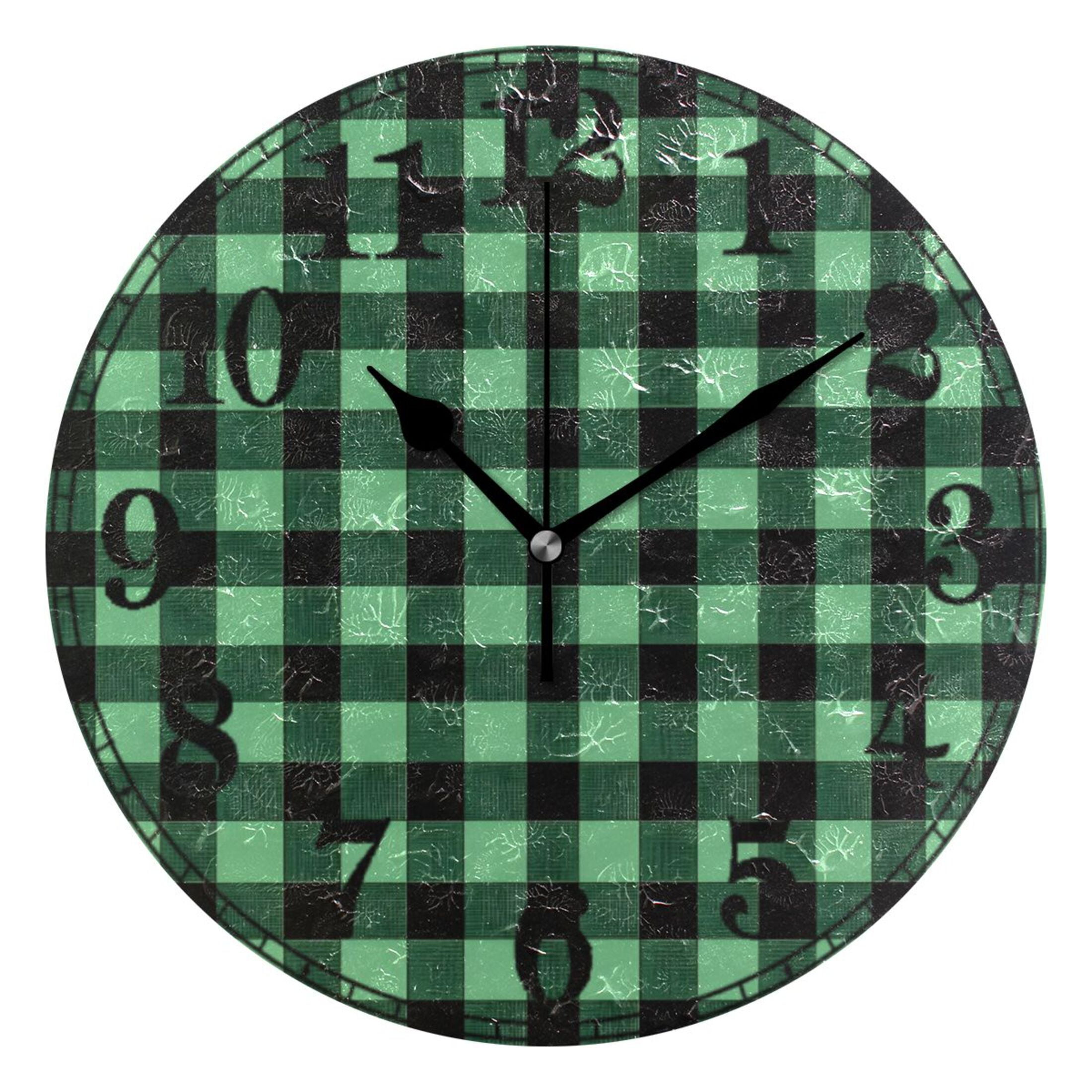 Green Checkered Grid Art Pattern Silent Wall Clock 10" Non-Ticking ...