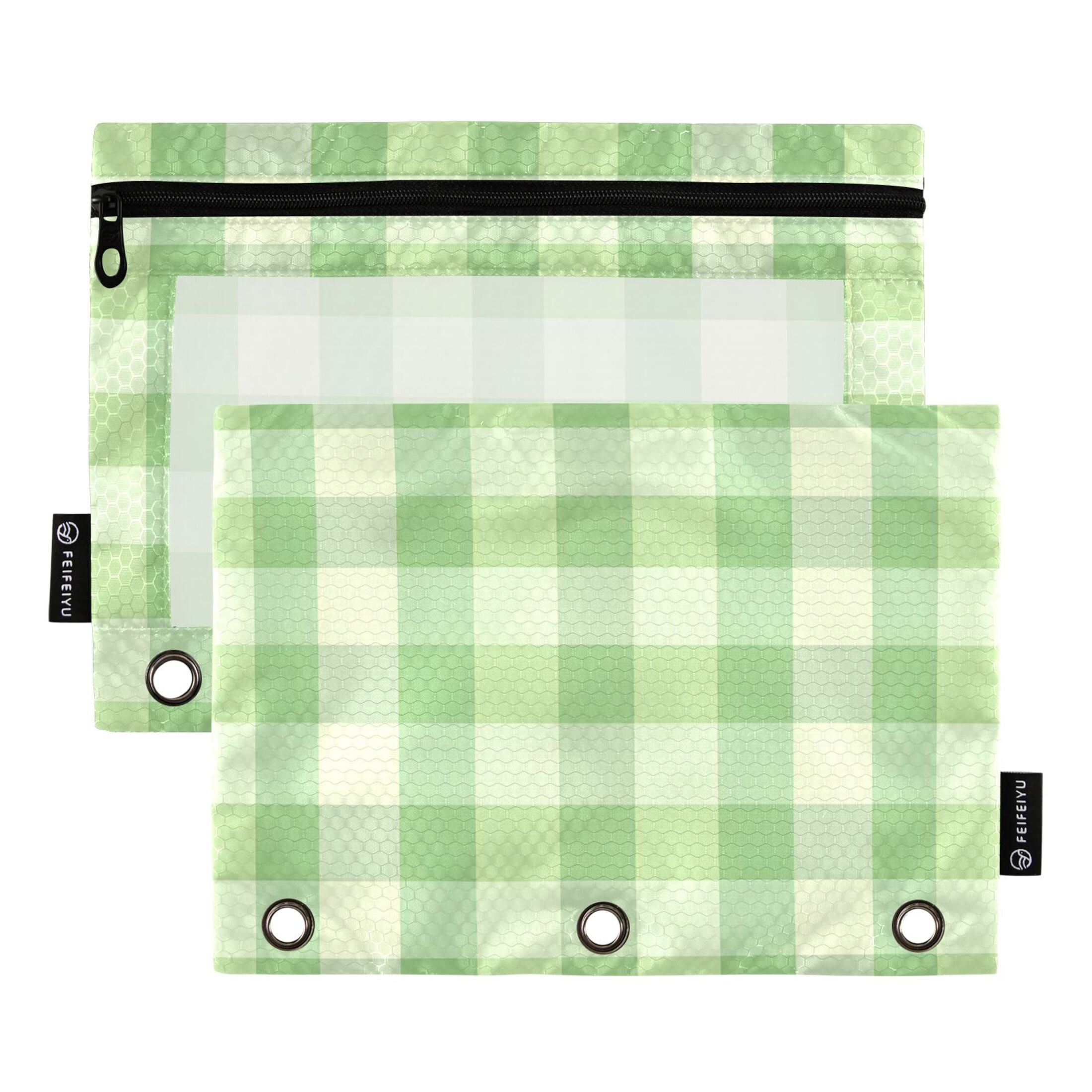 Green Checkered Pattern Binder Pouches Zipper Pocket Document Storage 3 ...