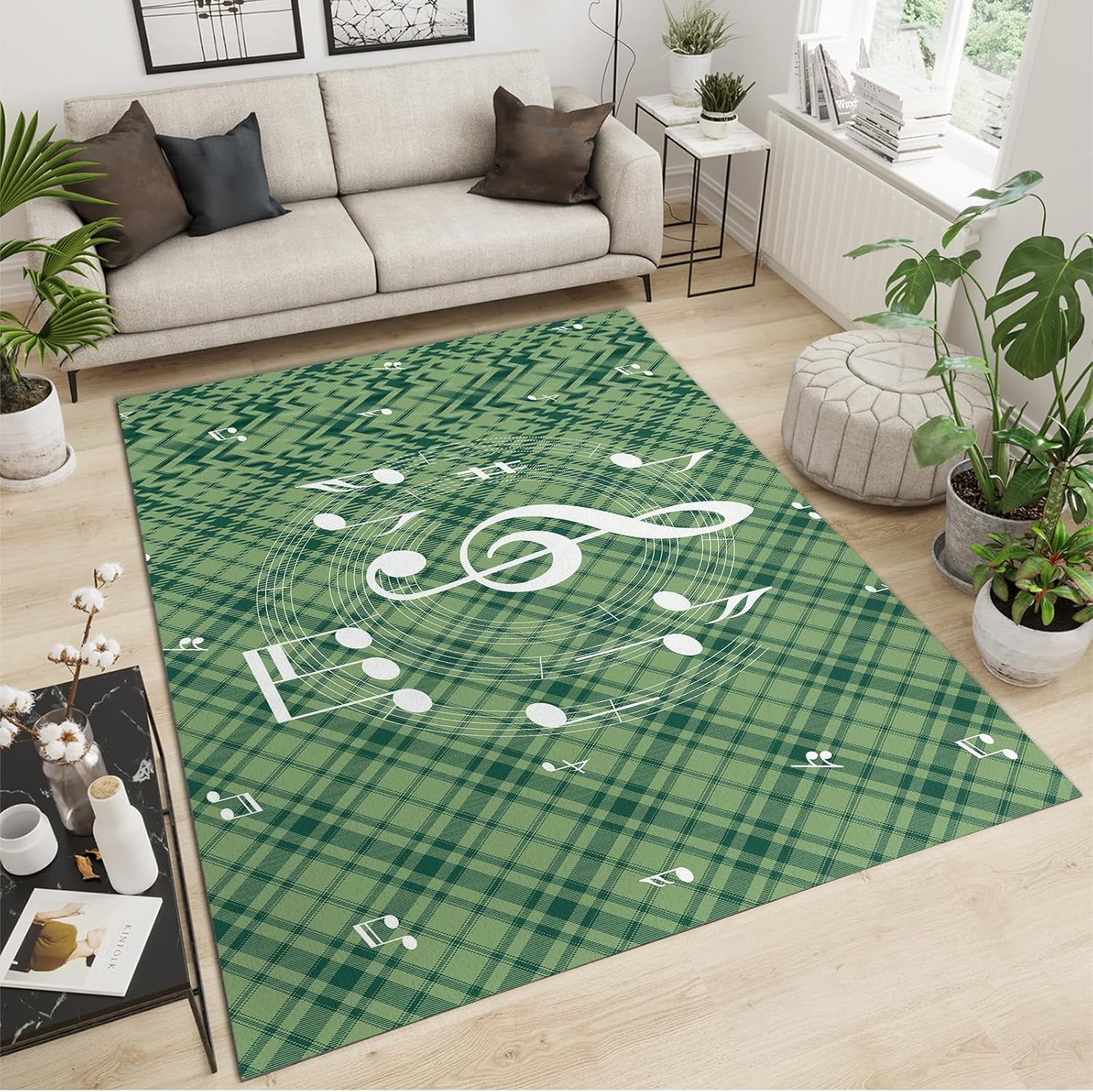 Green Checkered Stripes Area Carpet, Simple Music Symbols Rug for ...