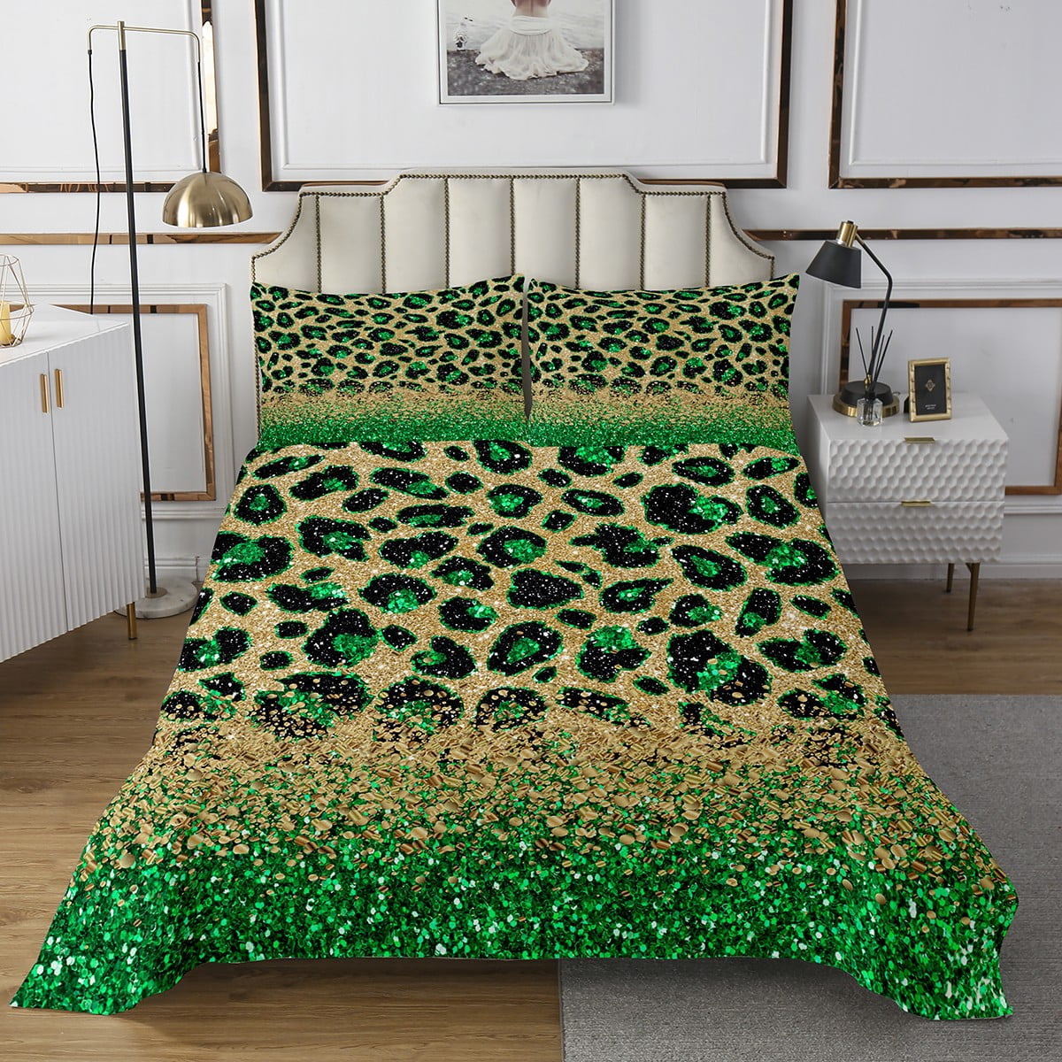 Green Cheetah Print Bedspread Set Gold Sequin Print Quilt Set King,Wild ...