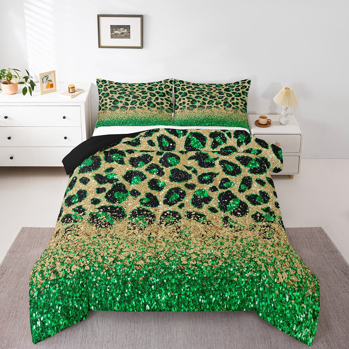 Green Cheetah Print Queen Comforter Set Gold Sequin Print Bedding Sets ...