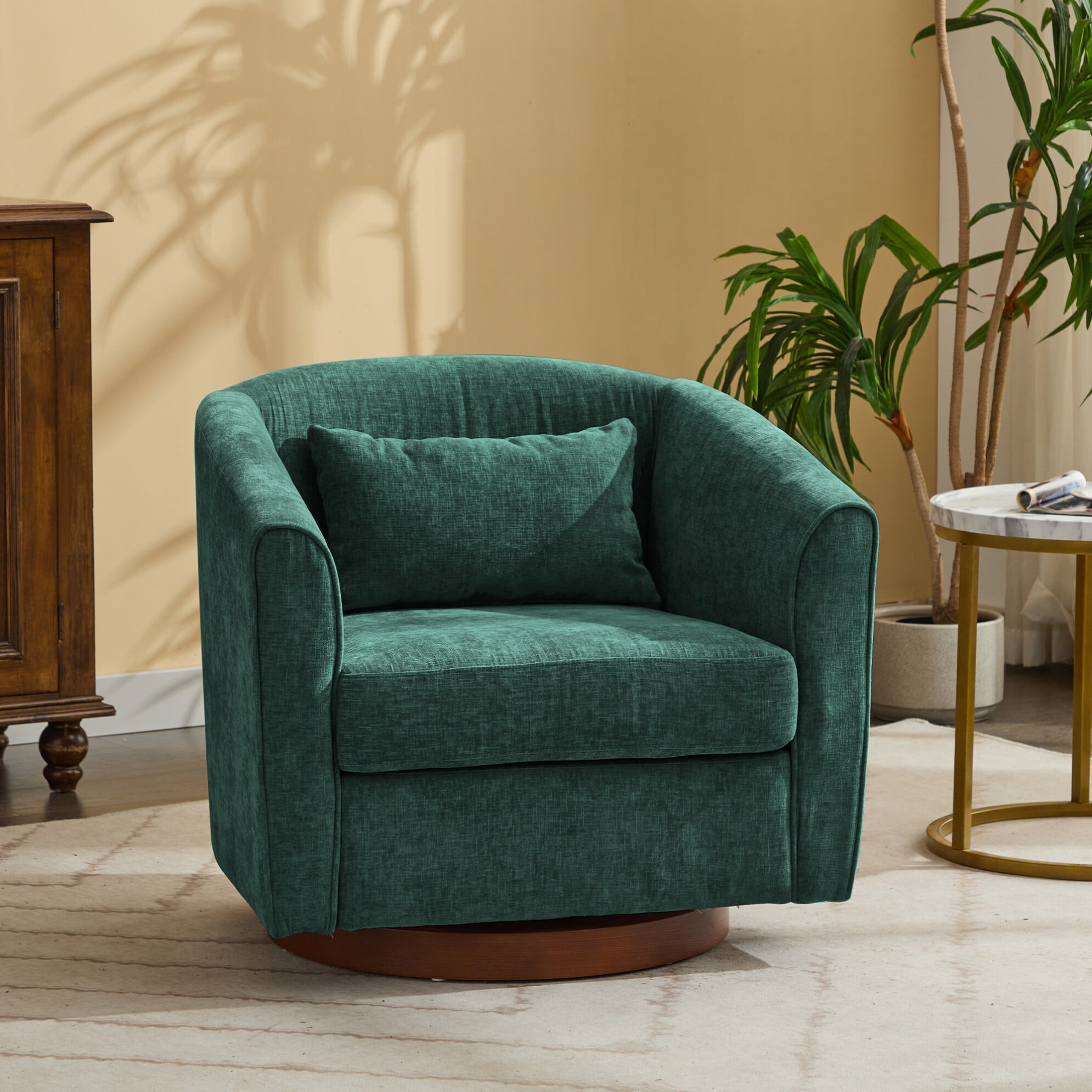 Green Chenille Swivel Accent Chair with Wood Base, 360-Degree Rotating ...