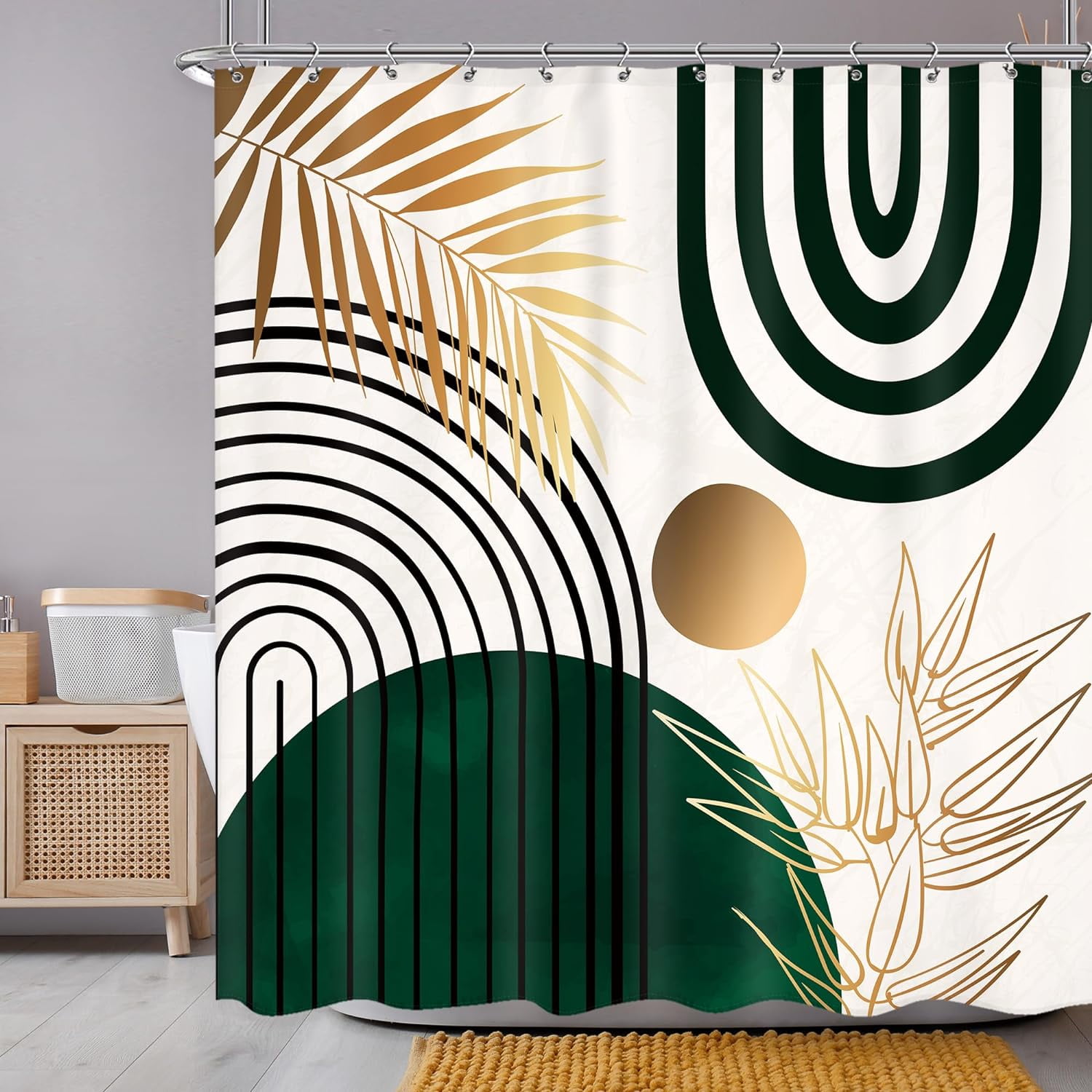 Green Chic Abstract Boho Shower Curtains for Bathroom Mid Century Modern Arch Sun Minimalist ...