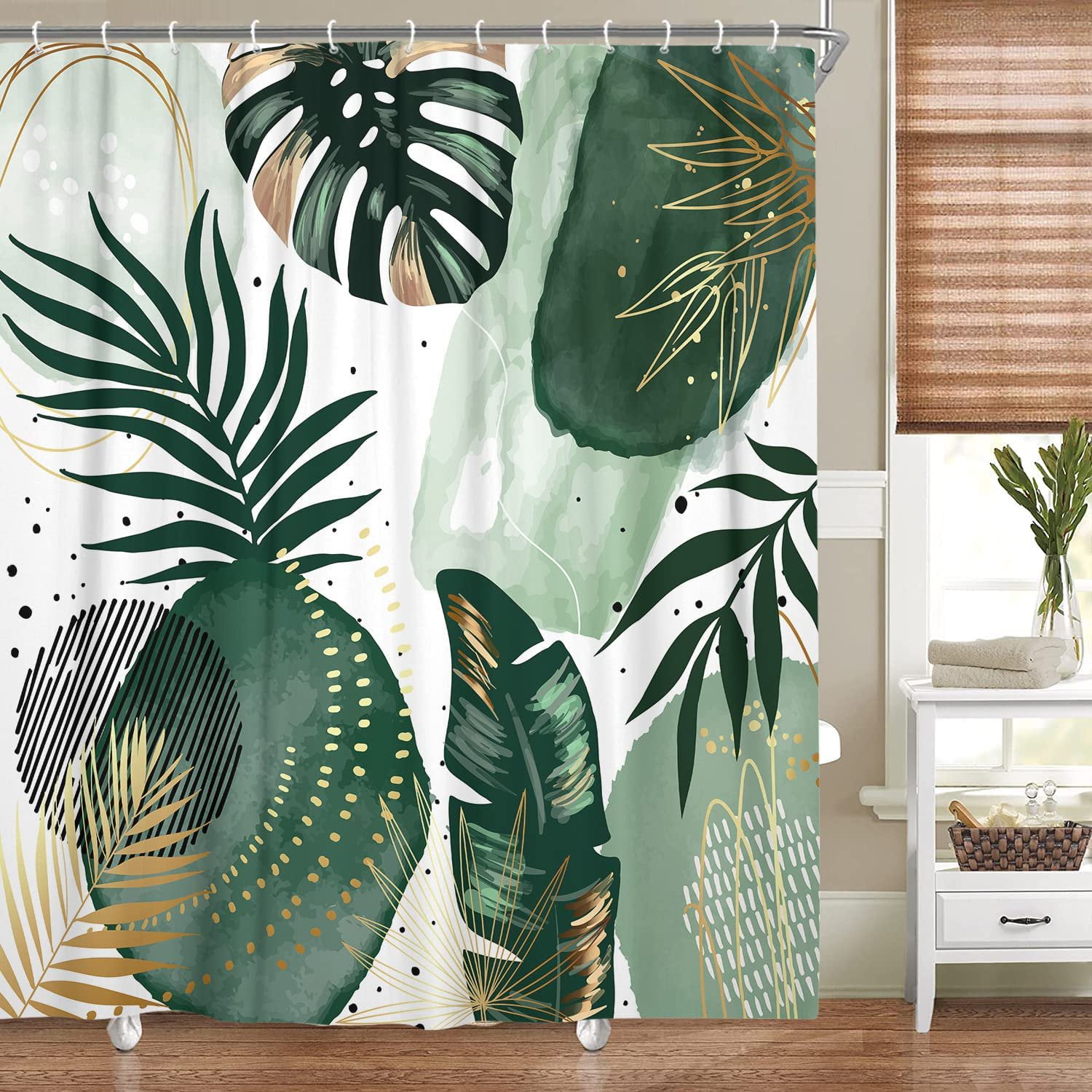 Green Chic Abstract Shower Curtain Set with Hooks Boho Green Gold ...