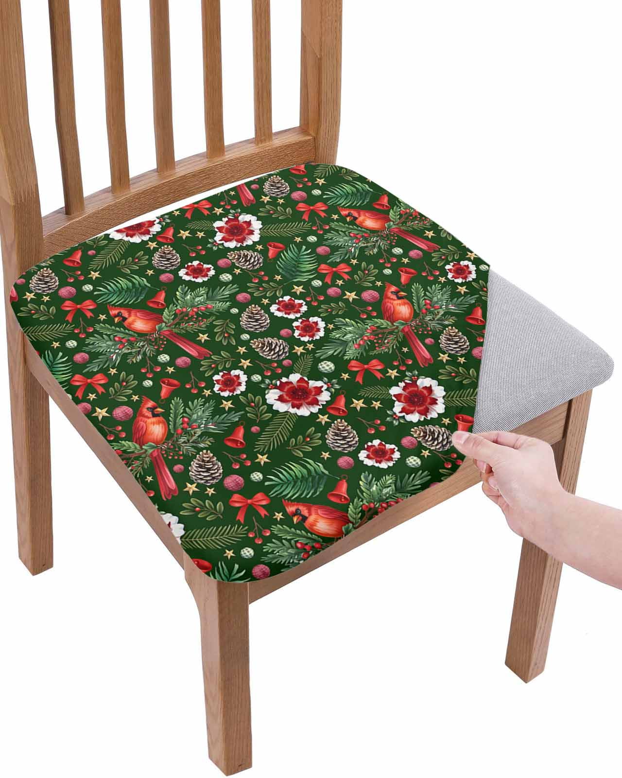 Green Christmas Cardinal Chair Seat Covers for Dining Room Stretch ...