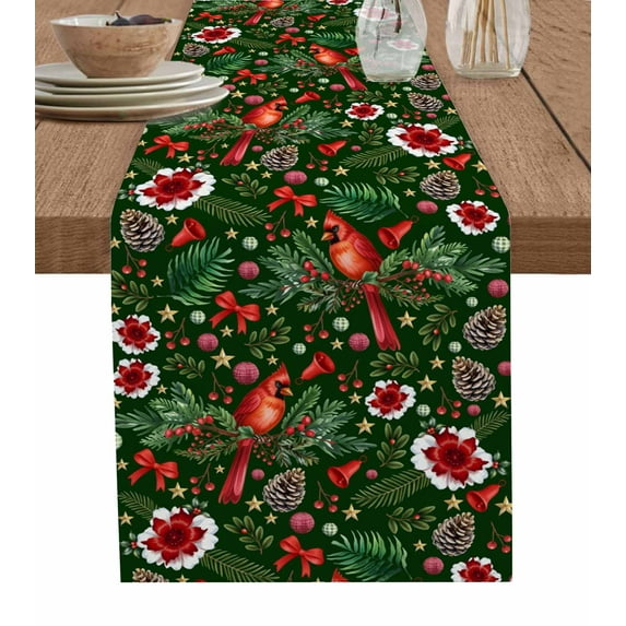 Green Christmas Cardinal Table Runner 60 Inches, Xmas Winter Flower Bow ...