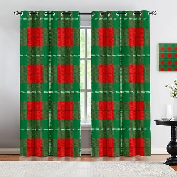 Green Christmas Checkered Blackout Curtains, Abstract Geometric ...