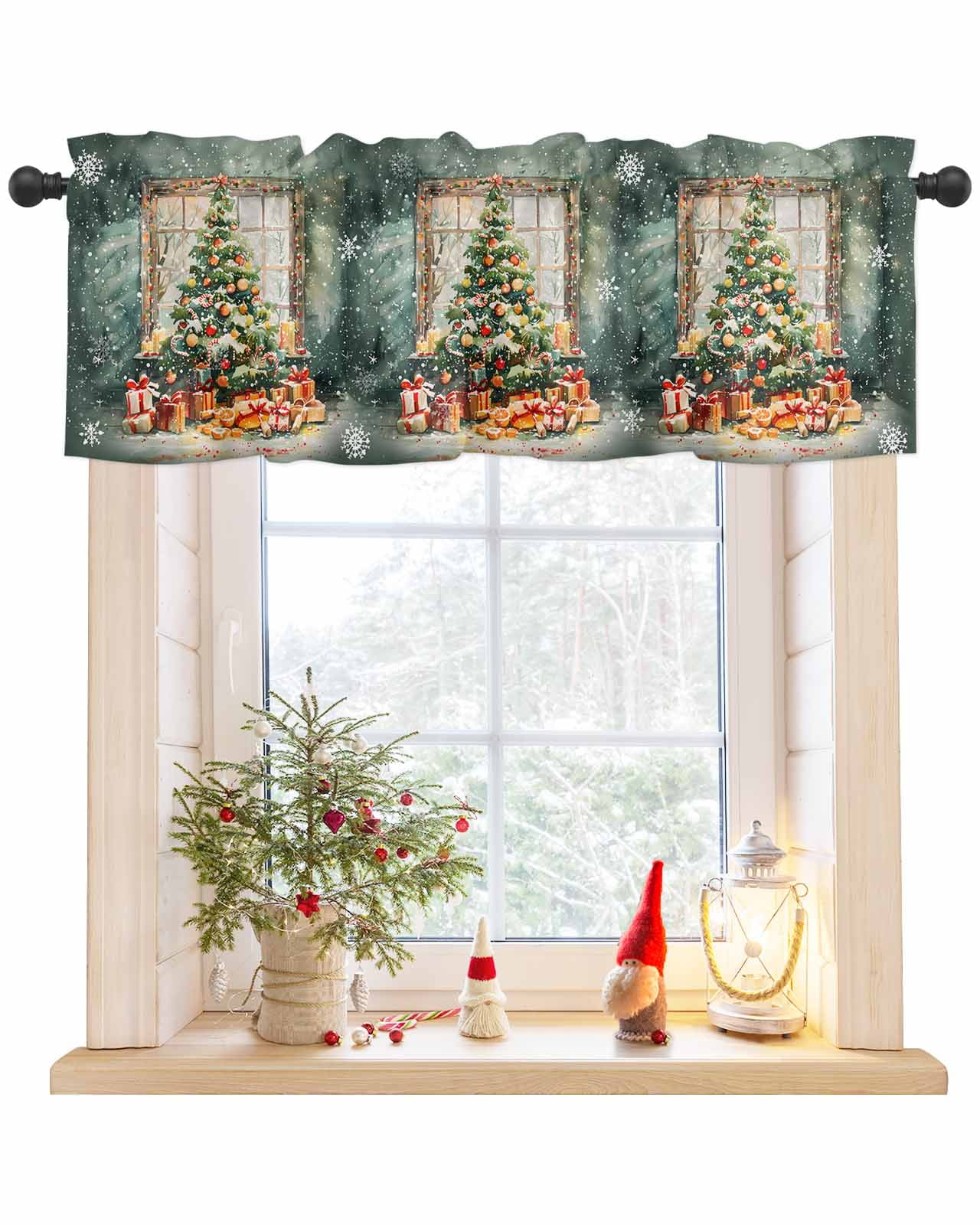 Green Christmas Curtain Valance for Windows Ombre Winter Xmas Pine Tree ...