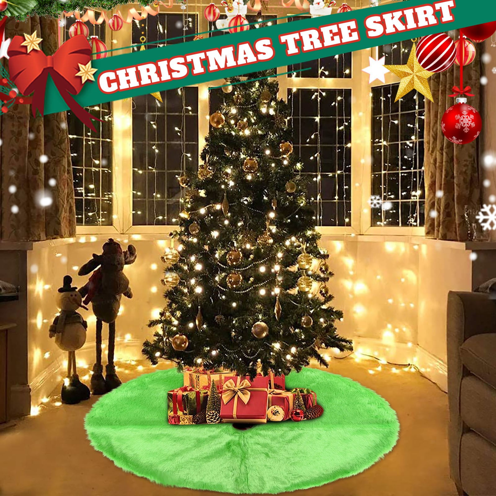 Green Christmas Fur Tree Skirt 31in Soft Faux Fur Small Xmas Tree Base ...