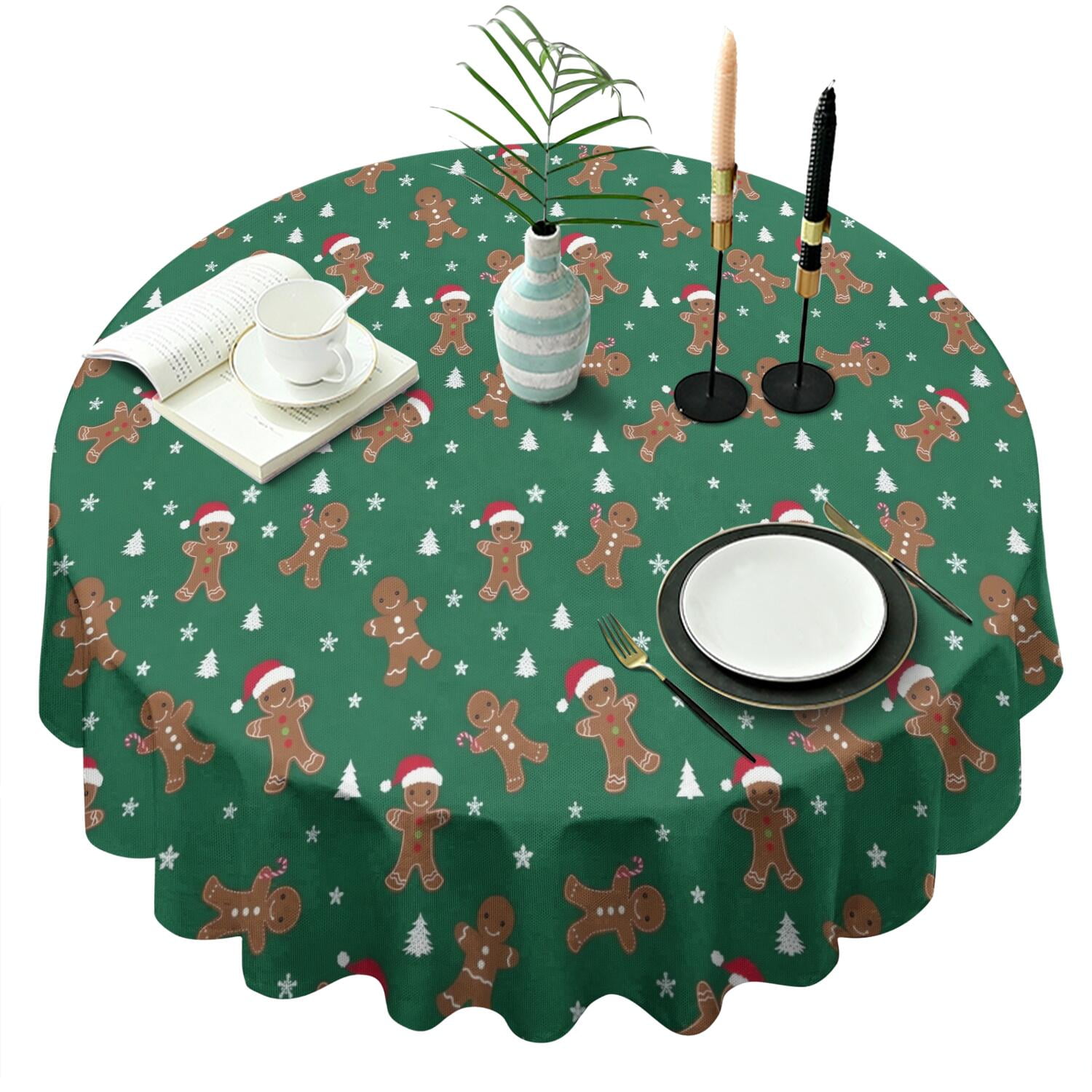 Green Christmas Gingerbread Man Pattern Round Tablecloth 60"x60 ...