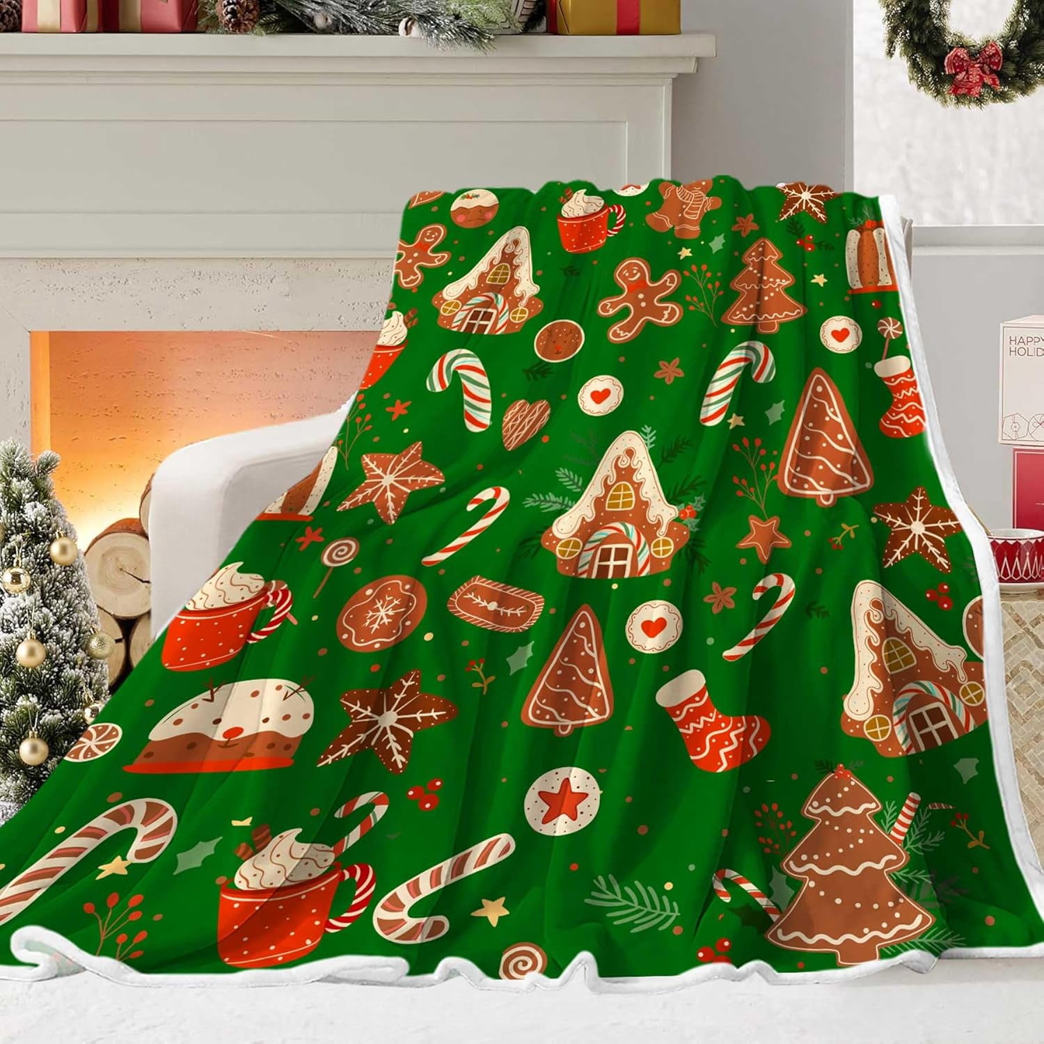 Green Christmas Gingerbread Man Throw Blanket, Winter Cute Star ...