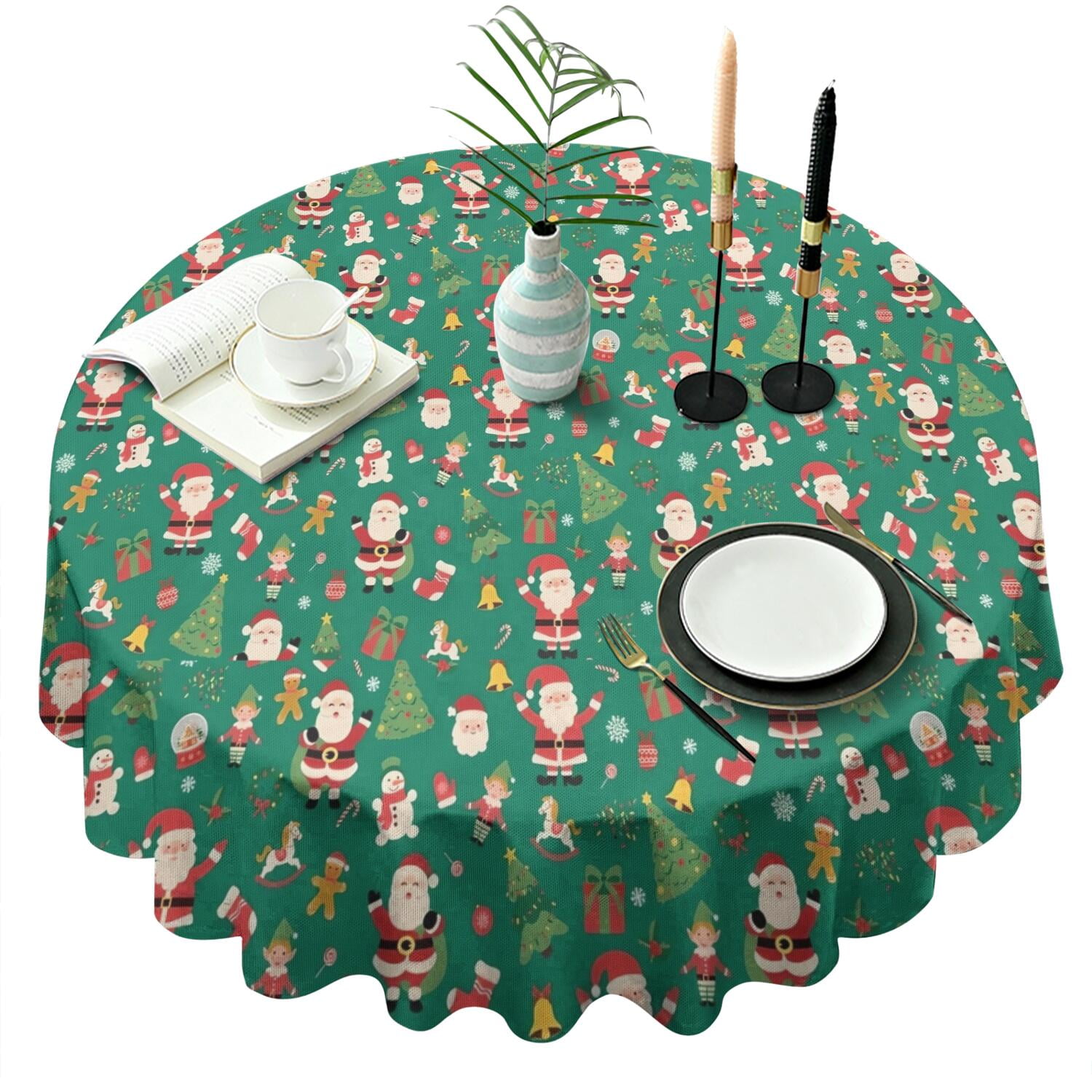 Green Christmas Santa and Icon Pattern Round Tablecloth 60"x60",Wrinkle ...