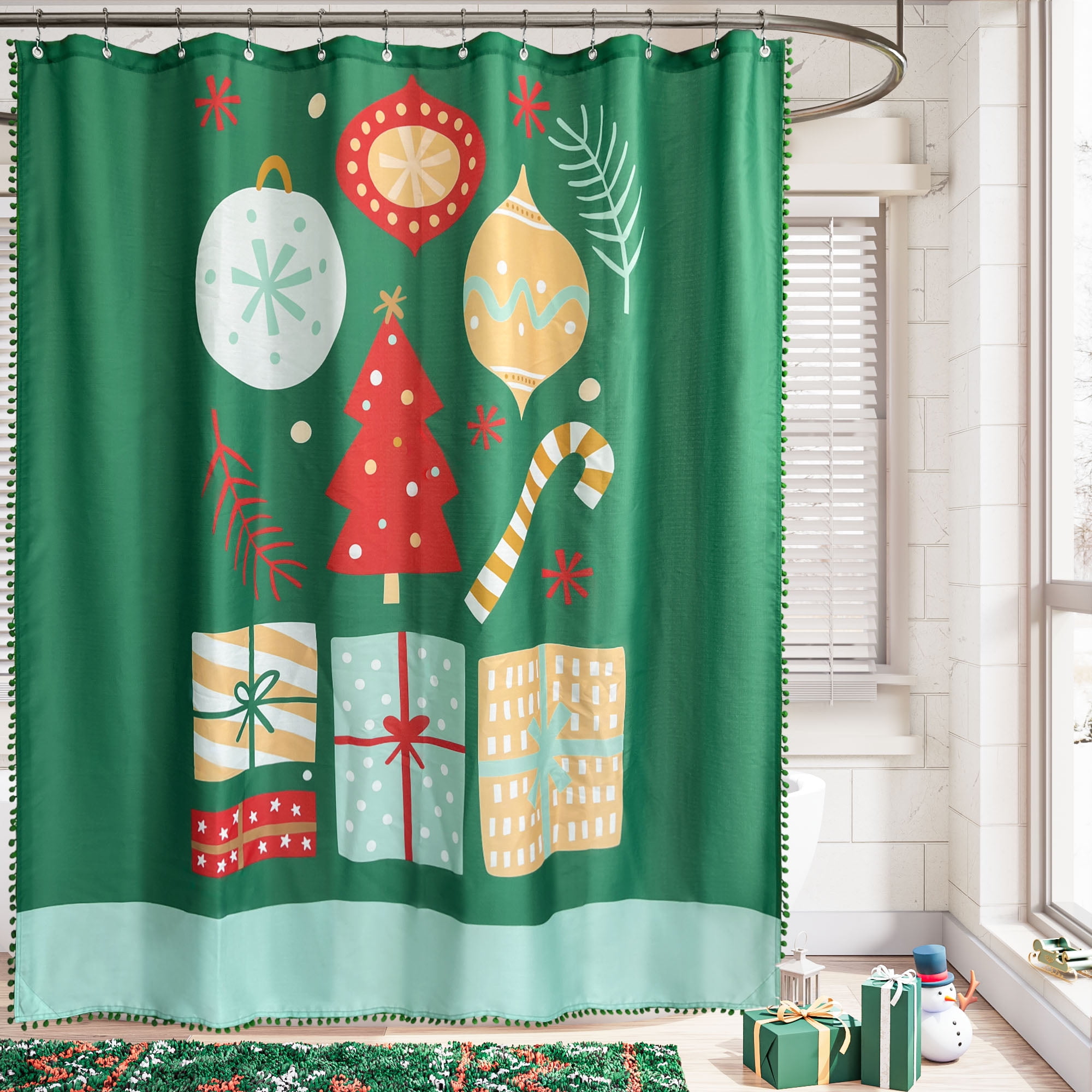 Green Christmas Shower Curtain,Cute Xmas Tree and Gift Box Pattern with ...
