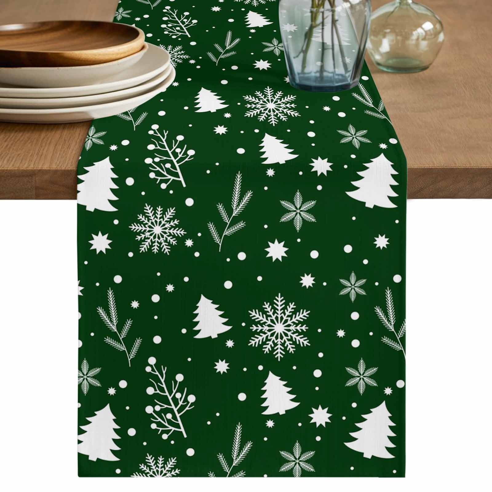 Green Christmas Table Runner 120 Inches, Xmas Tree Snowflakes Winter ...