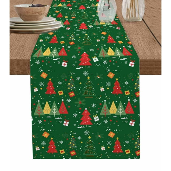 Green Christmas Table Runner 60 Inches, Red Yellow Xmas Tree Snowflake ...