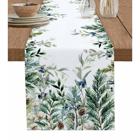 Green Christmas Table Runner 70 Inches, Weeping Berry Pine Cones ...