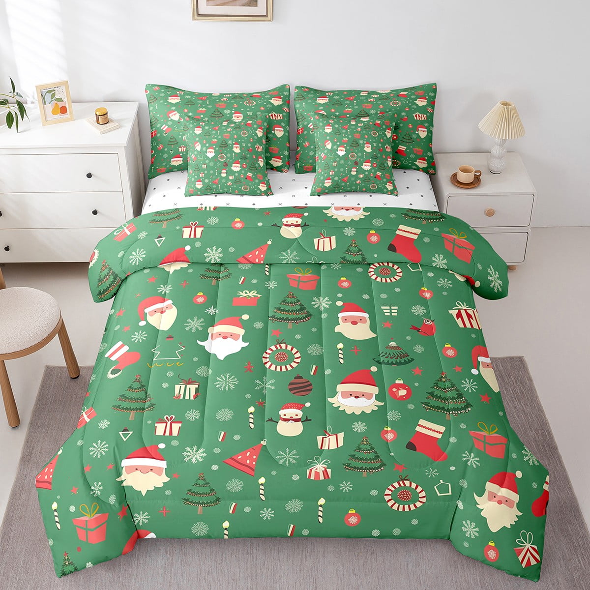 Green Christmas Theme Bed in a Bag 7 Pieces Merry Xmas Bedding Set for ...