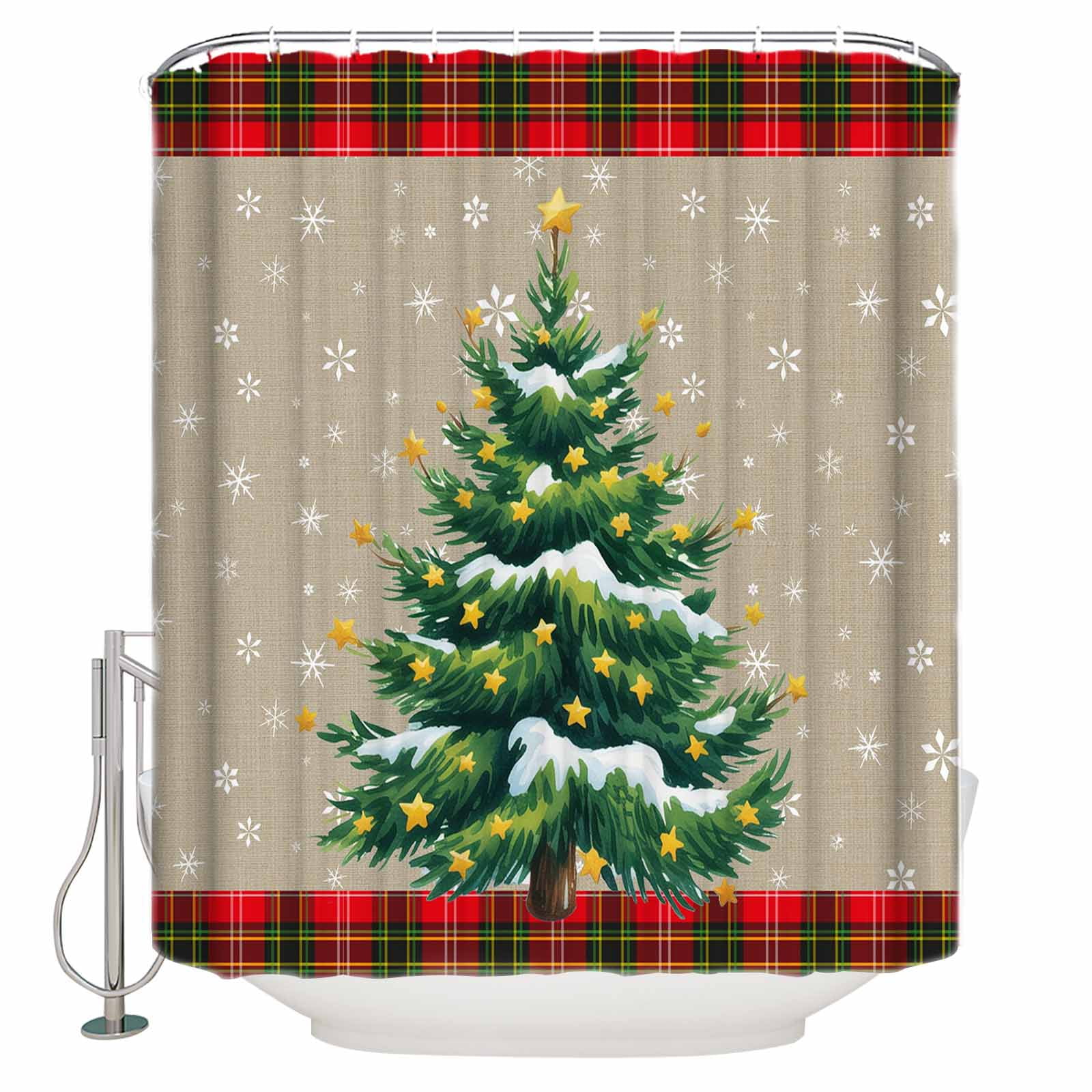 Green Christmas Tree Bathroom Shower Curtains with Hooks, Red Black ...