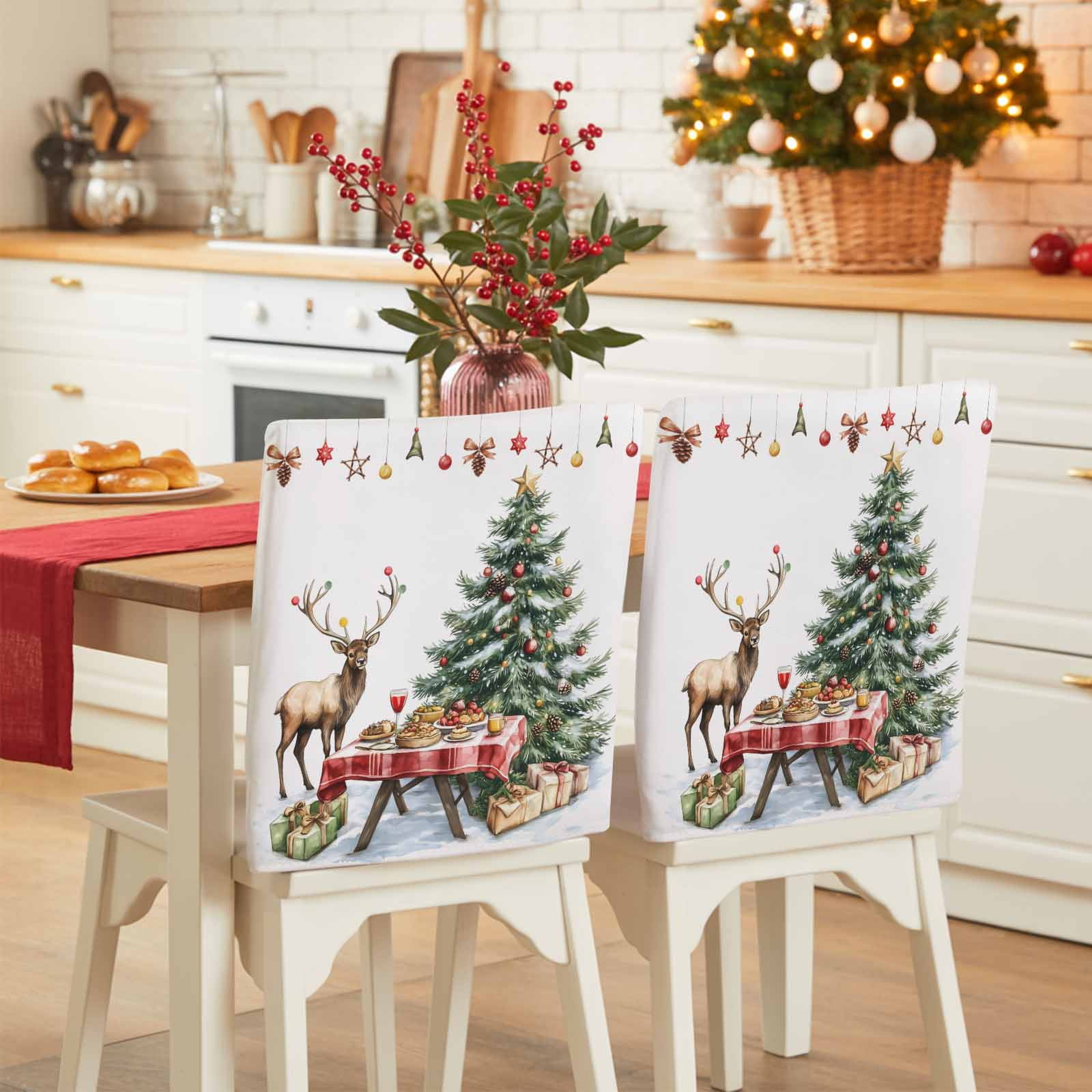 Green Christmas Tree Chair Back Covers Set of 4, Food Reindeer Gift ...