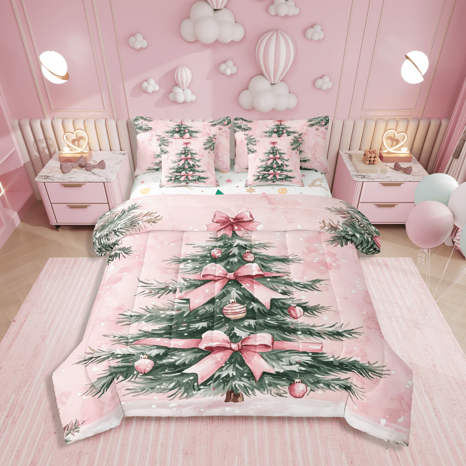 Green Christmas Tree Comforter Set 7 Piece Bed in a Bag Twin,Pink ...